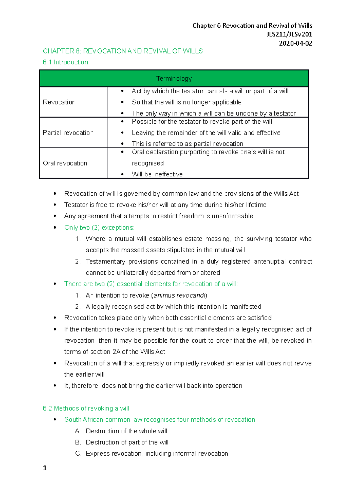 Chapter 6 Revocation and Revival of Wills - summary - JLS211/JLSV 2020 ...