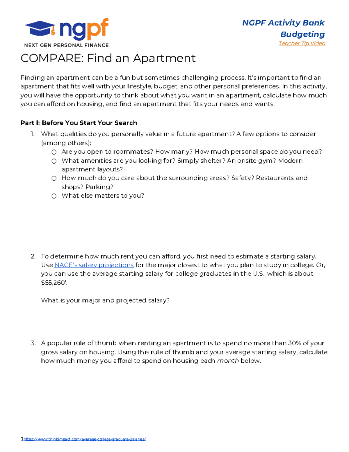 Compare Find an Apartment - NGPF Activity Bank Budgeting Teacher Tip ...