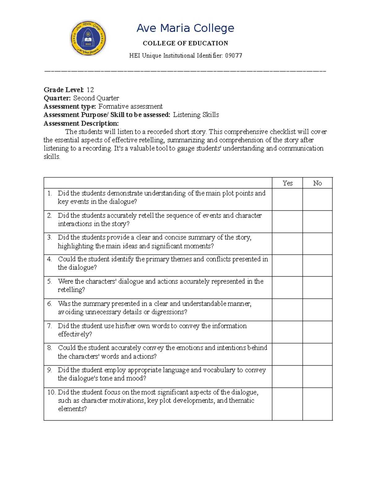 Skills Assessment(Reading, listening,viewing, speaking,writing ...