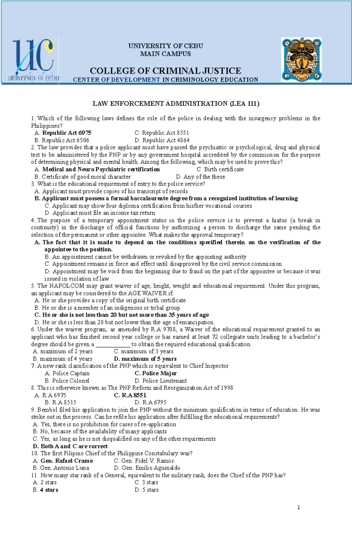 LEA-111-Questions - Reviewer - UNIVERSITY OF CEBU MAIN CAMPUS COLLEGE ...