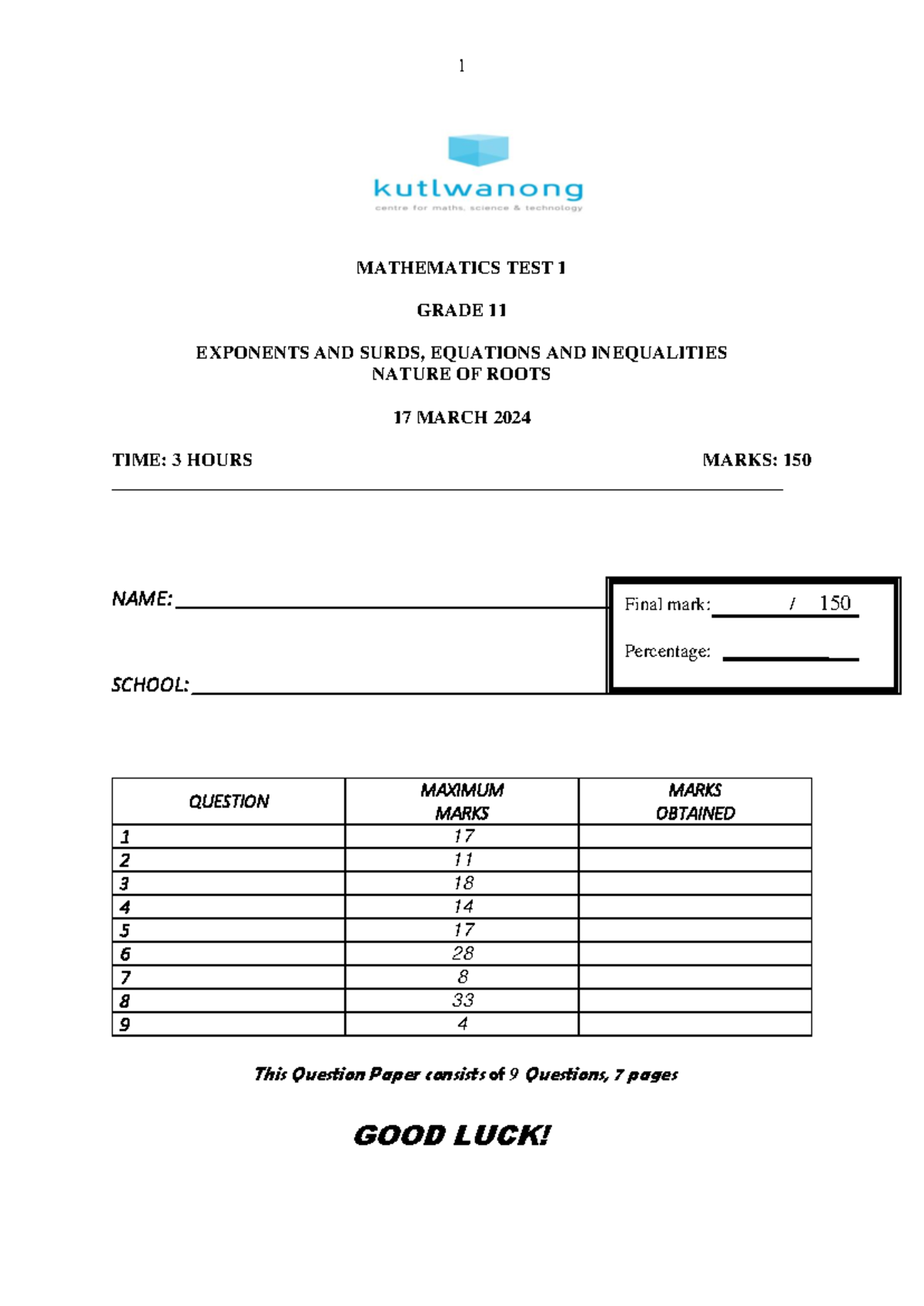 Maths Grade 11 TEST 1 - MATHEMATICS TEST 1 GRADE 11 EXPONENTS AND SURDS ...