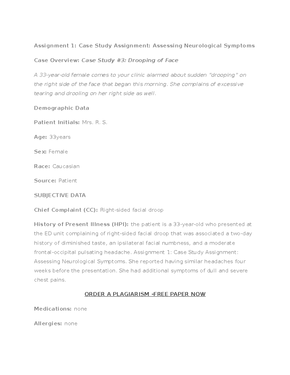 Sample week9 assignment 1 - Assignment 1: Case Study Assignment: Assessing Neurological Symptoms ...