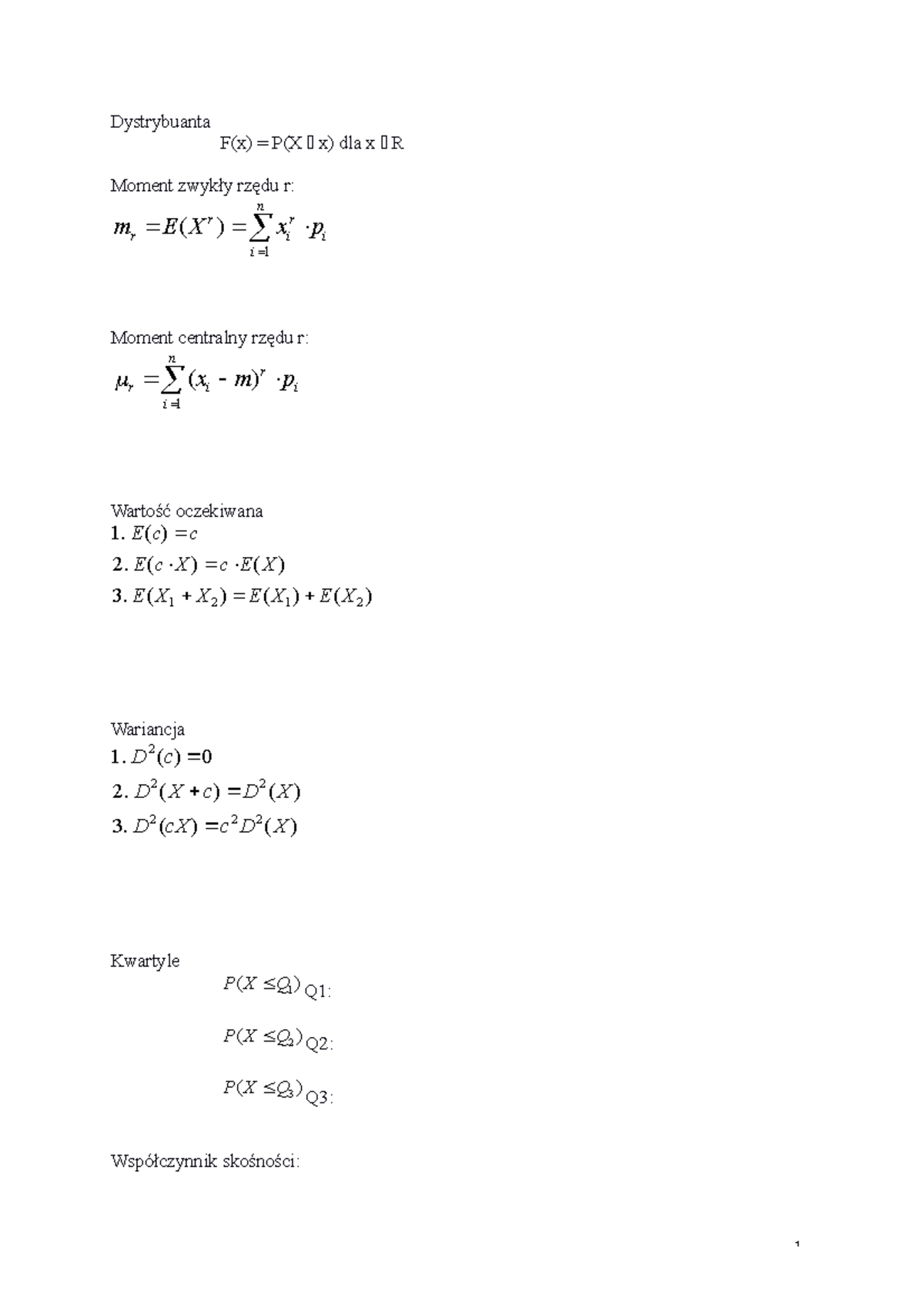 Wzory statystyka matematyczna - Dystrybuanta F(x) = P(X £ x) dla x £ R ...