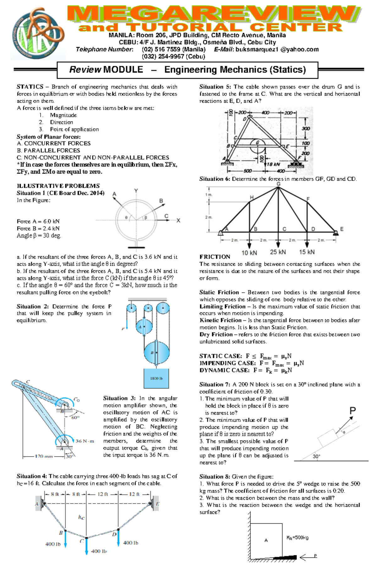 Review Module – Engineering Mechanics (Statics) - MANILA: Room 206, JPD ...