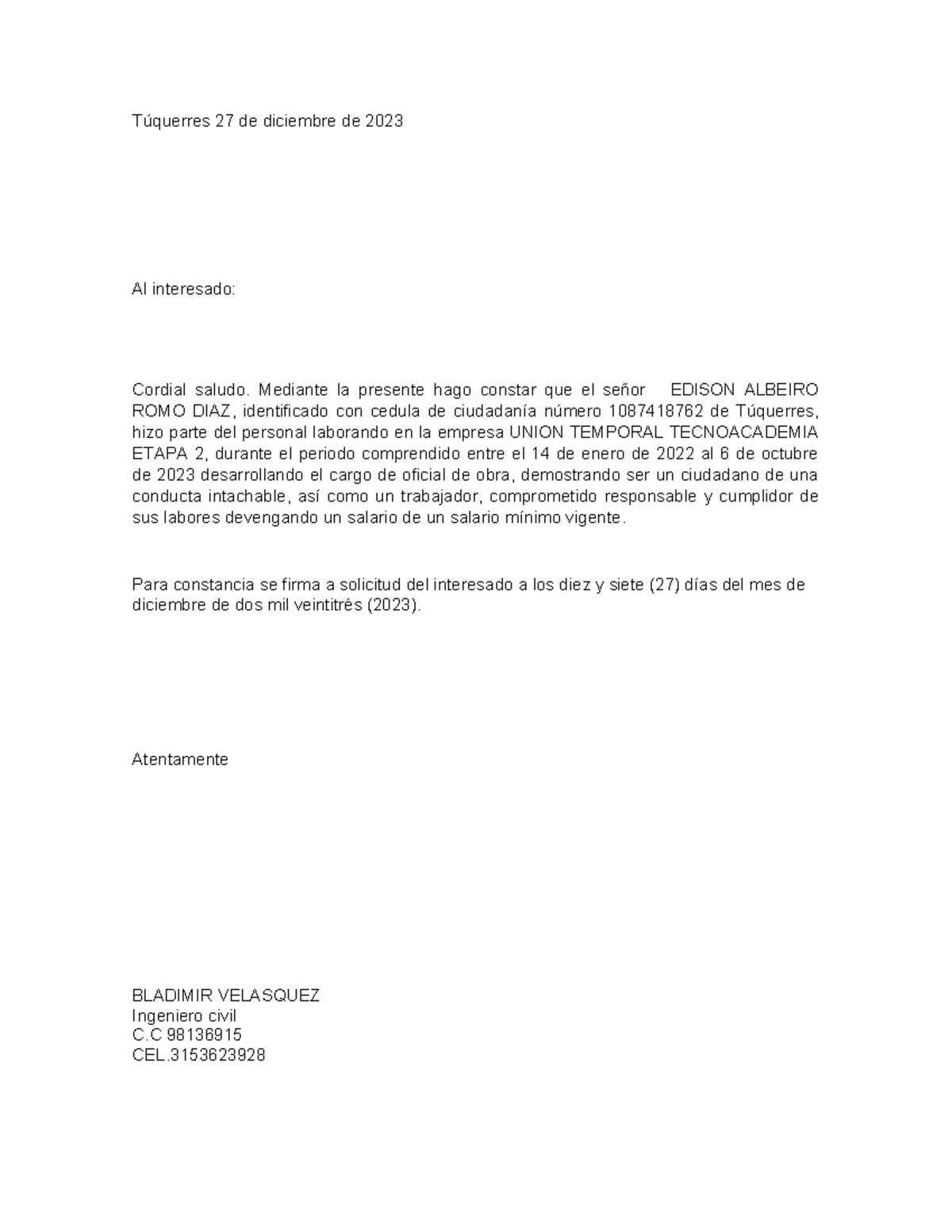 Modelo Carta Recoemndacion - Túquerres 27 de diciembre de 2023 Al ...