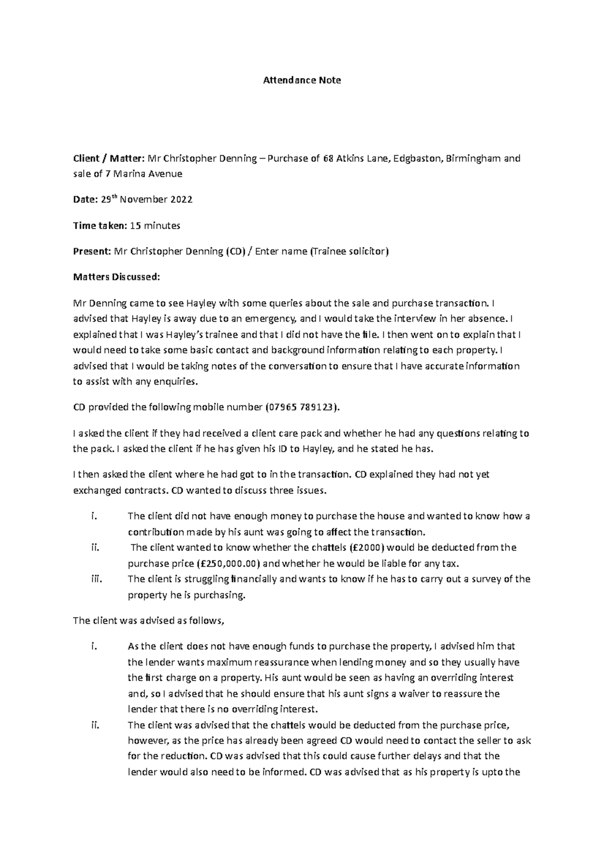 Attendance Note (18143192) - Attendance Note Client / Matter: Mr ...