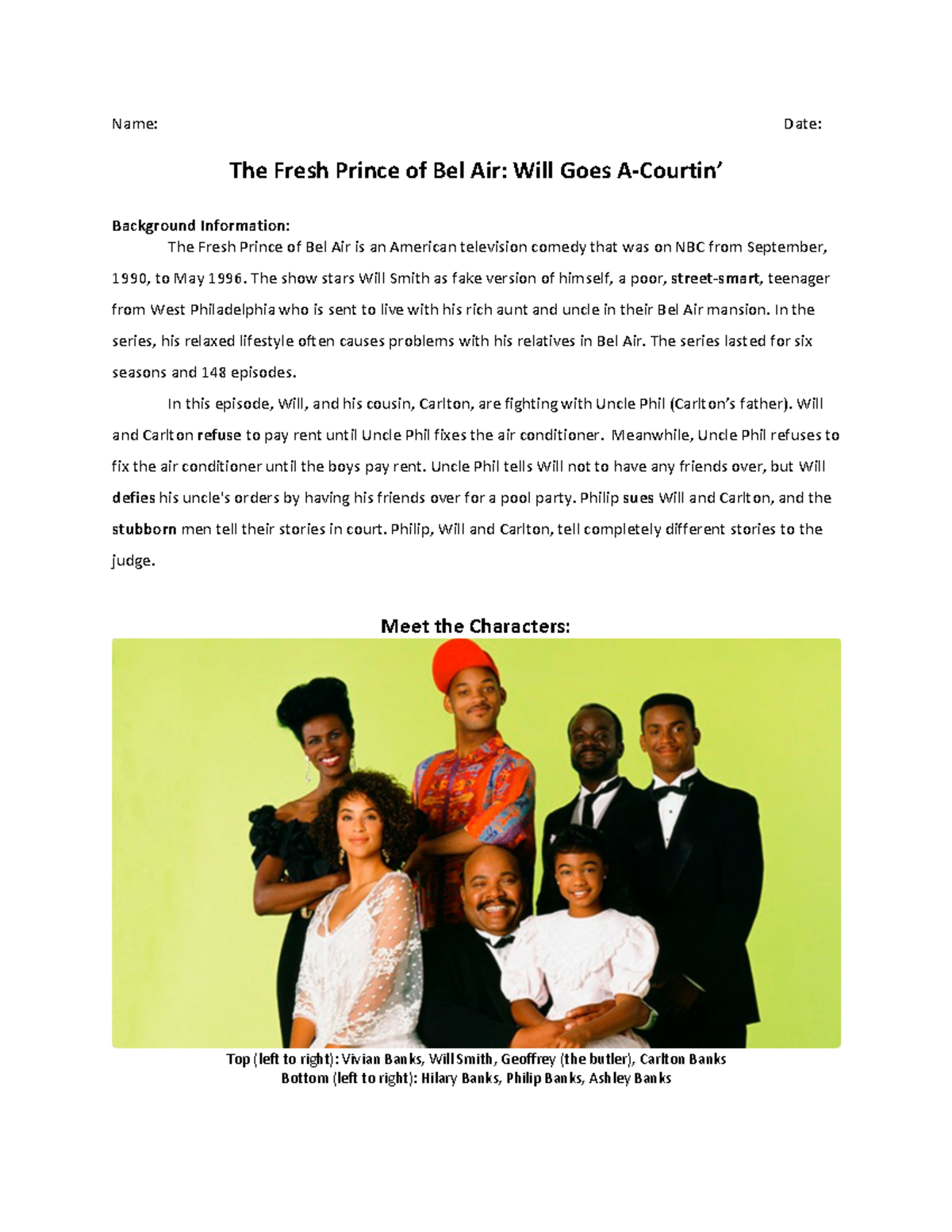 B1.1 storytelling Fresh Prince pdf - Name: Date: The Fresh Prince of ...