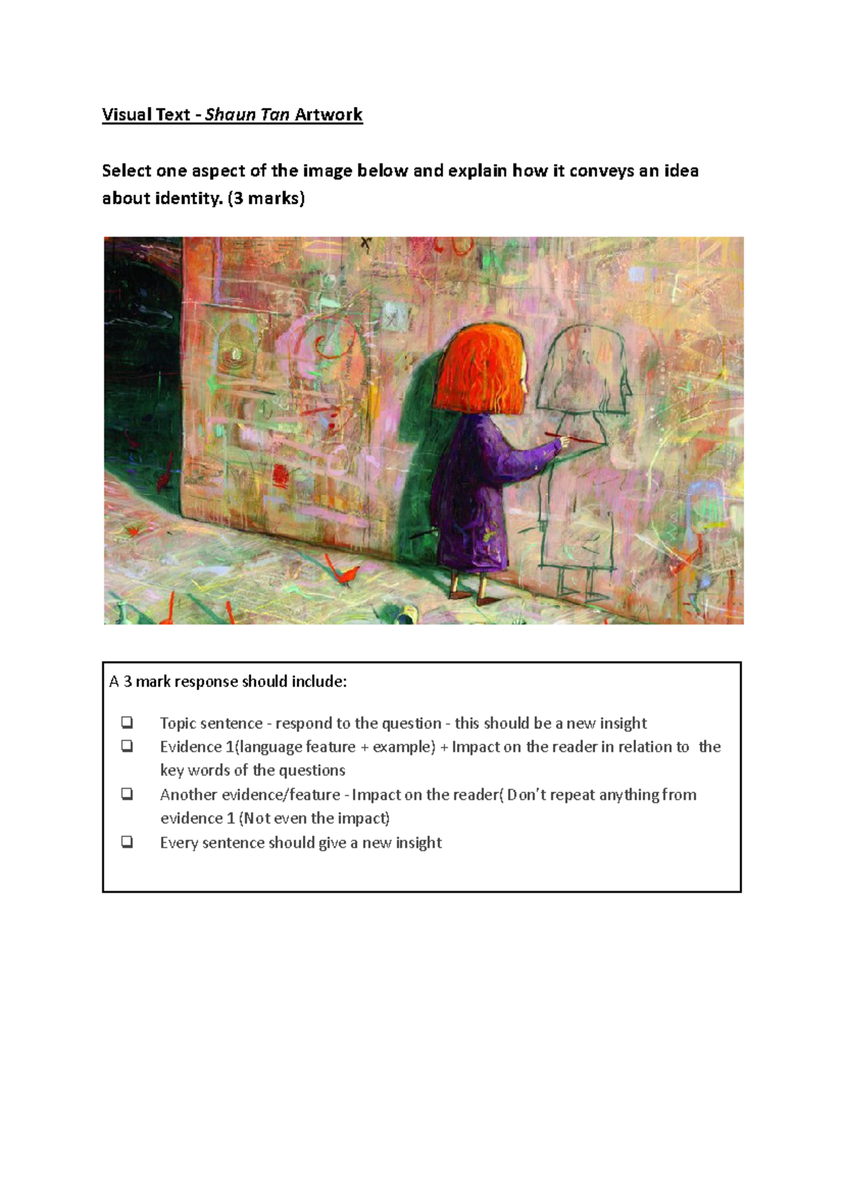 3 Mark Question Unseen Texts - Visual Text - Shaun Tan Artwork Select ...