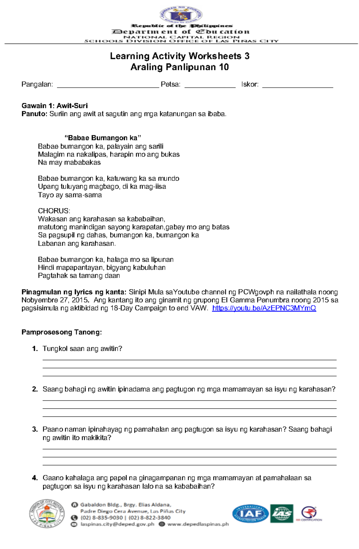 LAW-3-Q3 - LAW (Learning Activity Sheet) for Araling Panlipunan Grade ...