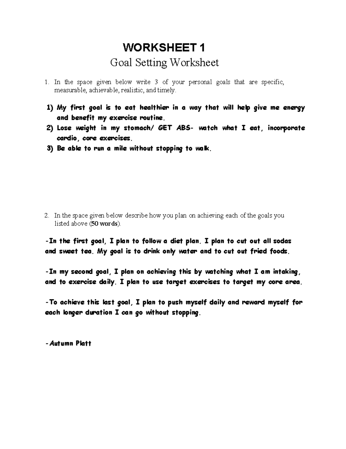 Worksheet 1 personal fitness - WORKSHEET 1 Goal Setting Worksheet In ...