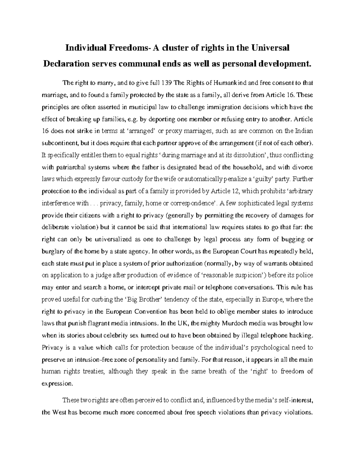 Individual Freedoms- A cluster of rights in the Universal Declaration ...