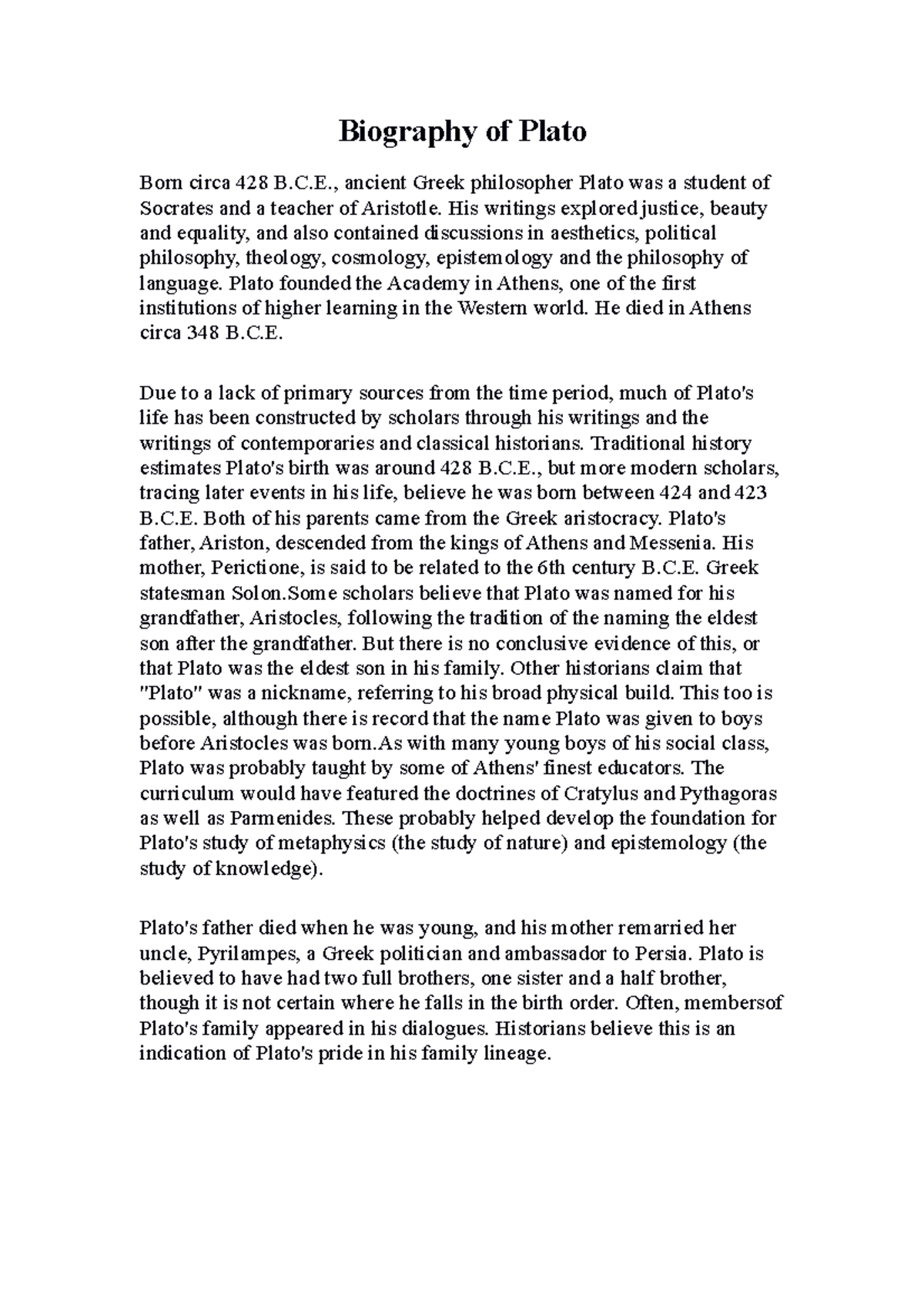 Biography of Plato - None - Biography of Plato Born circa 428 B.C ...