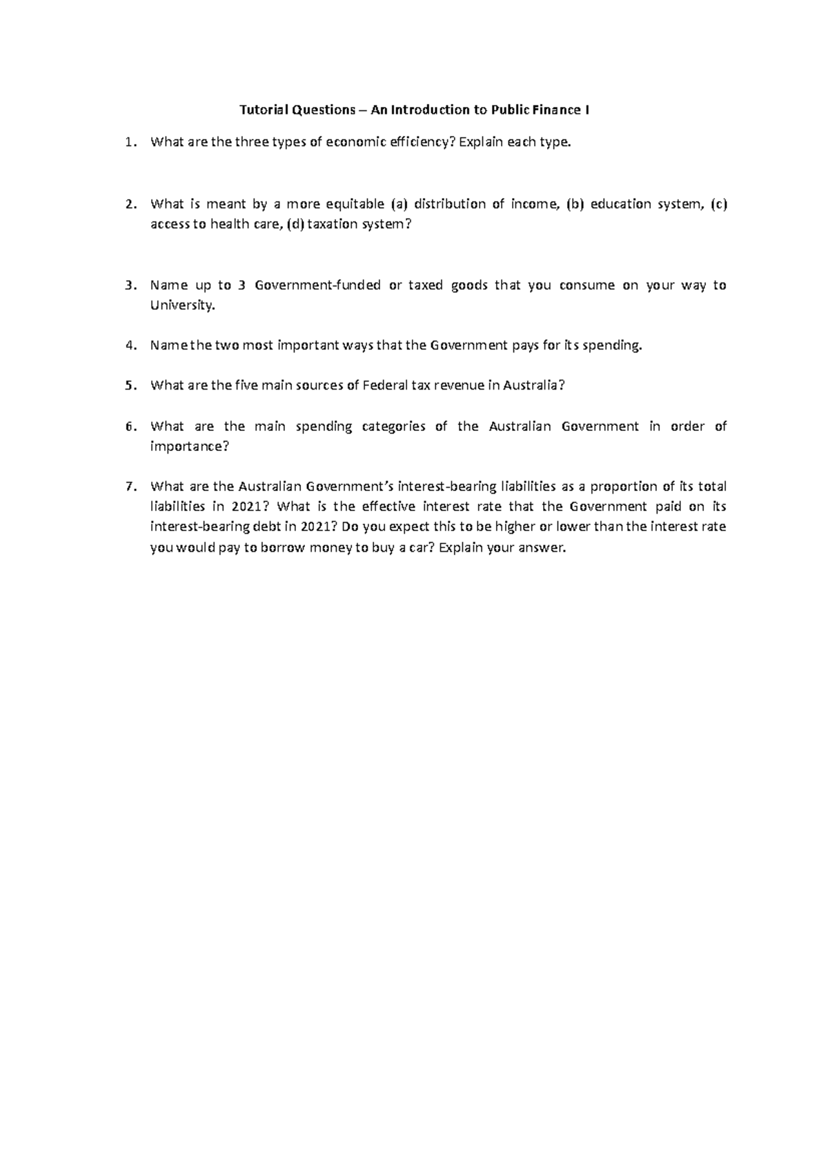 Topic 1 Tutorial Questions - An Introduction to Public Finance I - Tutorial Questions – An - Studocu