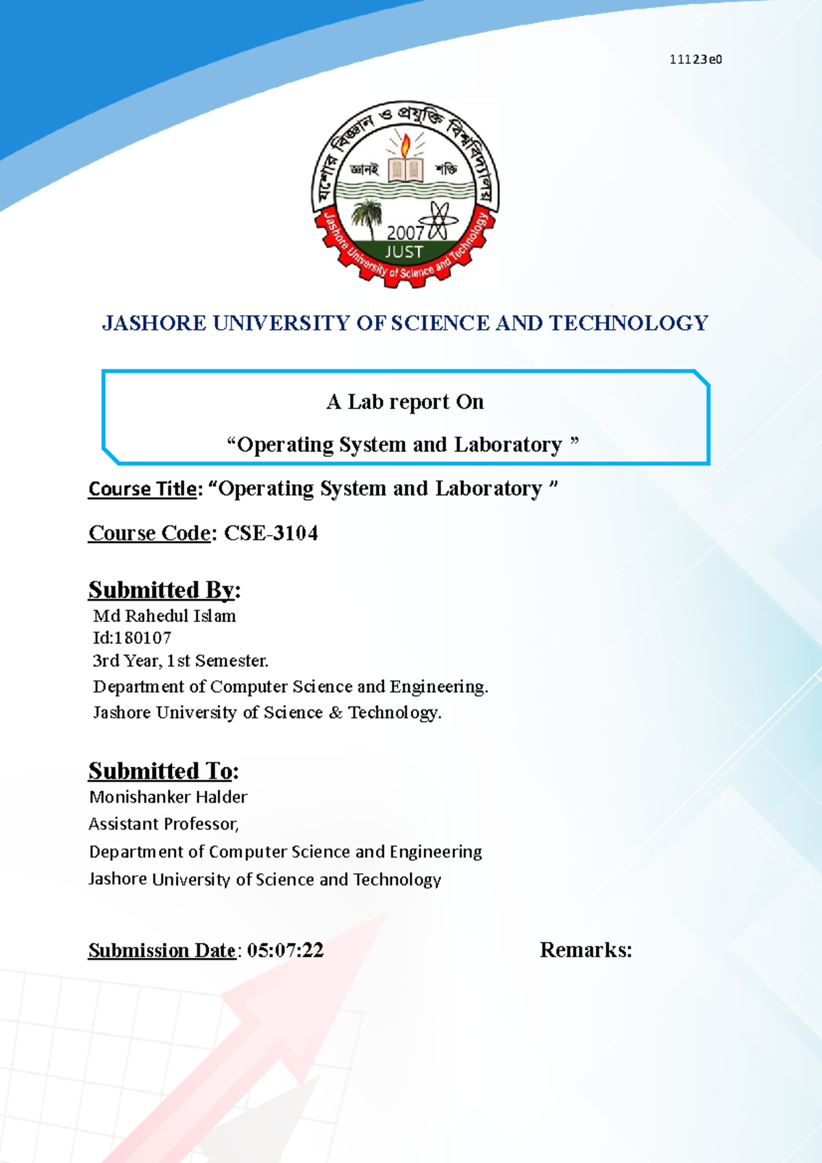 180107 - Lab assignment - 11123e JASHORE UNIVERSITY OF SCIENCE AND ...