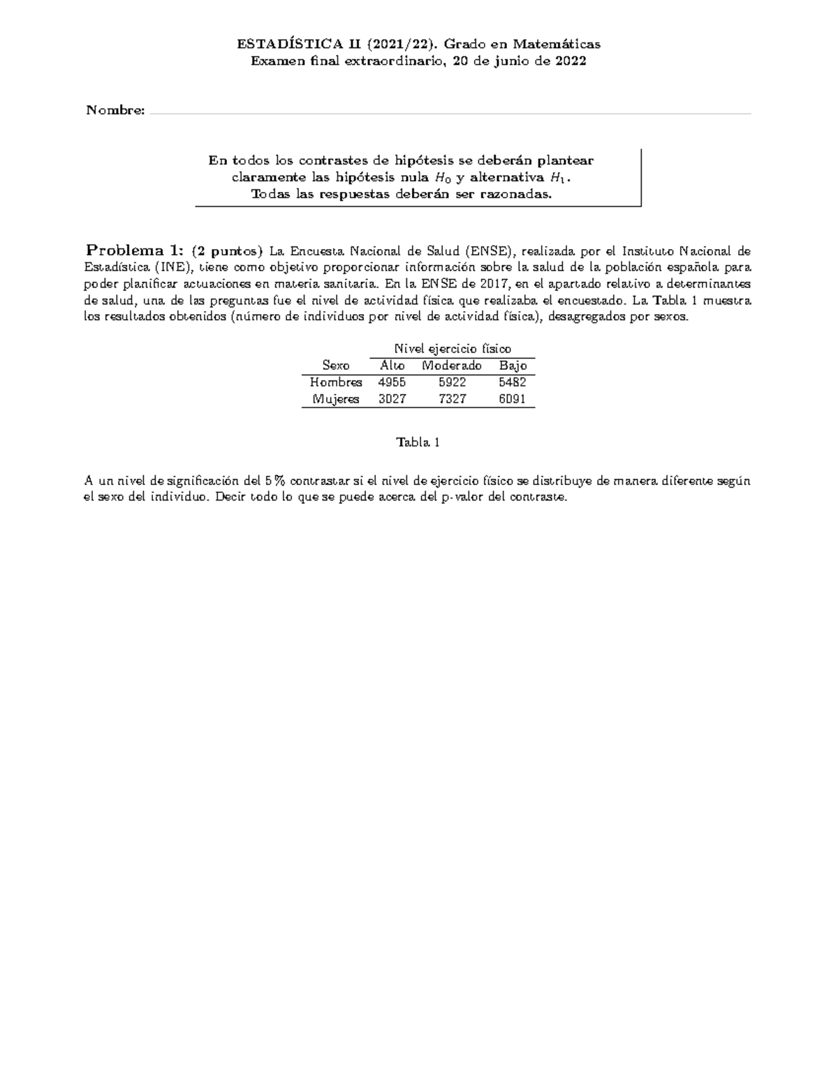 Final Extra 2122 - Estadística - ESTAD ́ISTICA II (2021/22). Grado en Matem ́aticas Examen final ...