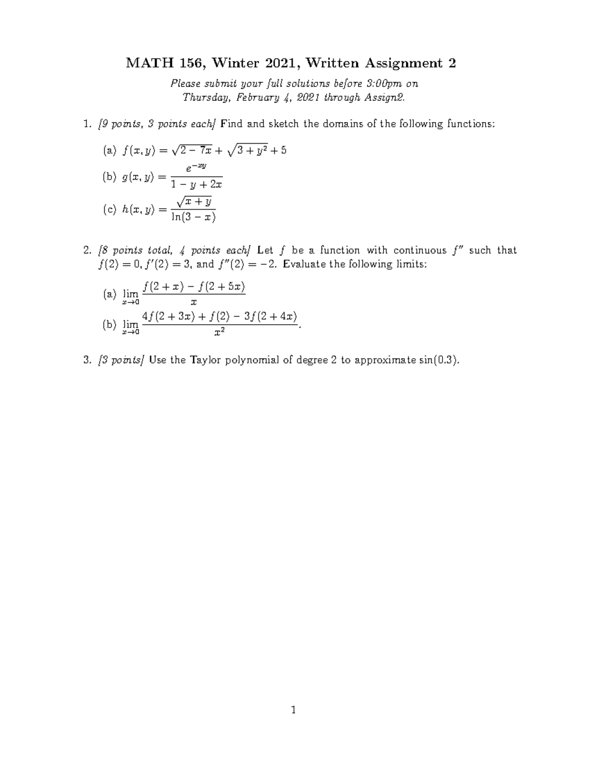 Assignment 2 - Very helpful - MATH 156, Winter 2021, Written Assignment ...