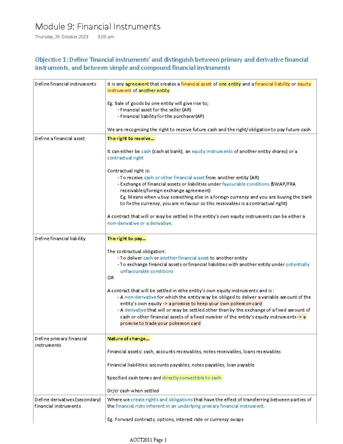 ACCT2011 Module 9 Financial Instruments Notes - Objective 1: Define ...