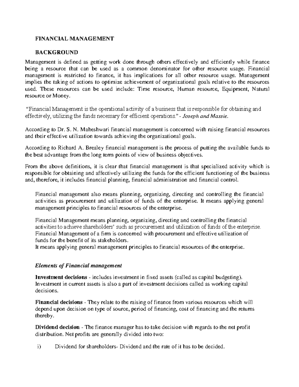 BBF 222 Financial Management introduction - FINANCIAL MANAGEMENT ...