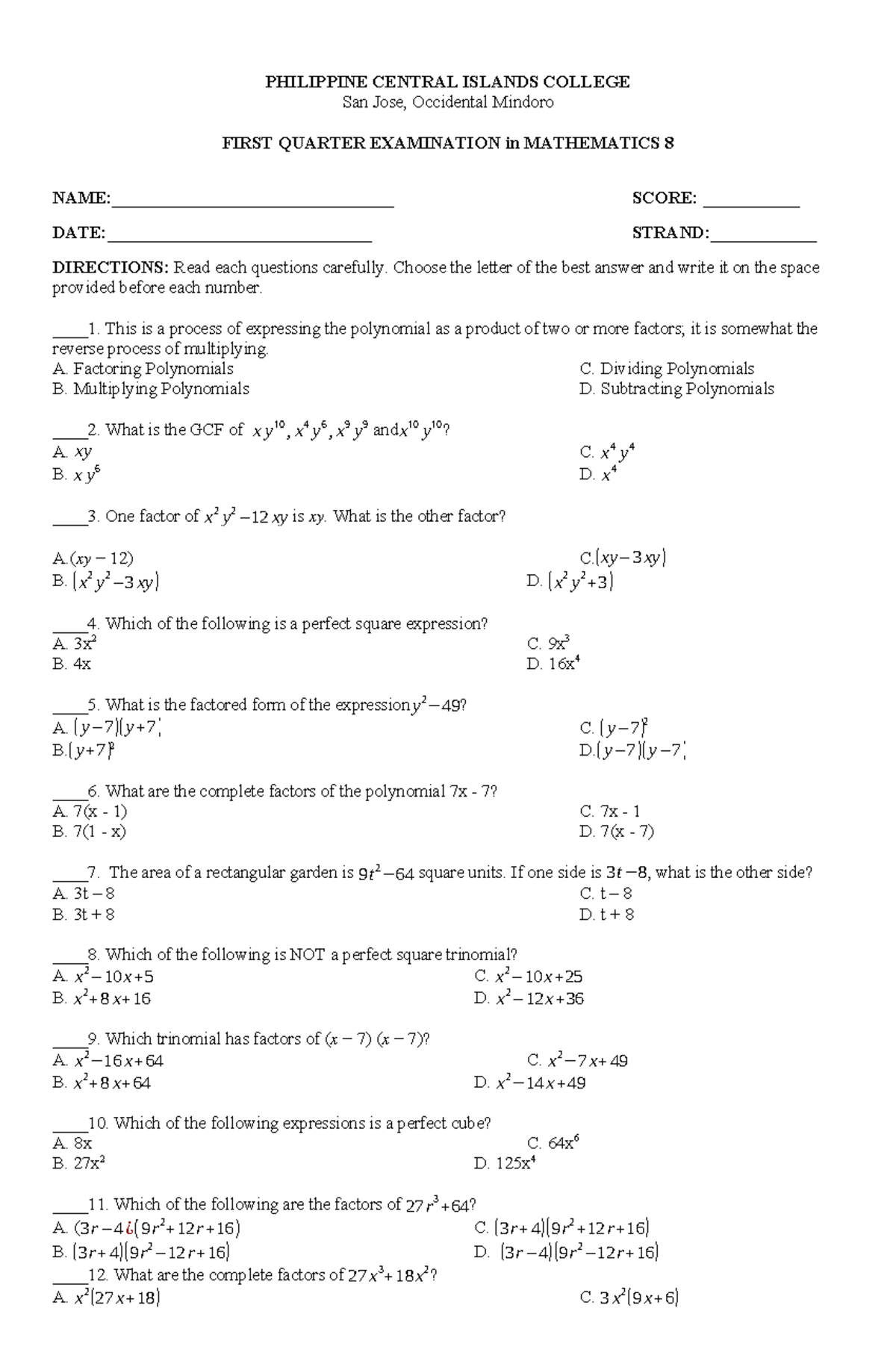 MATH 8 - First Quarter EXAM - PHILIPPINE CENTRAL ISLANDS COLLEGE San ...