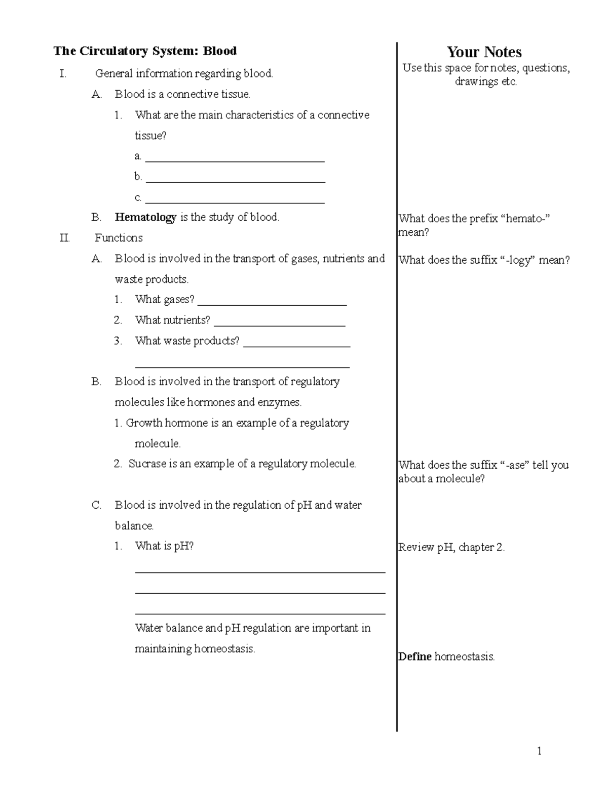 Circulatory System-Blood handout - The Circulatory System: Blood I ...