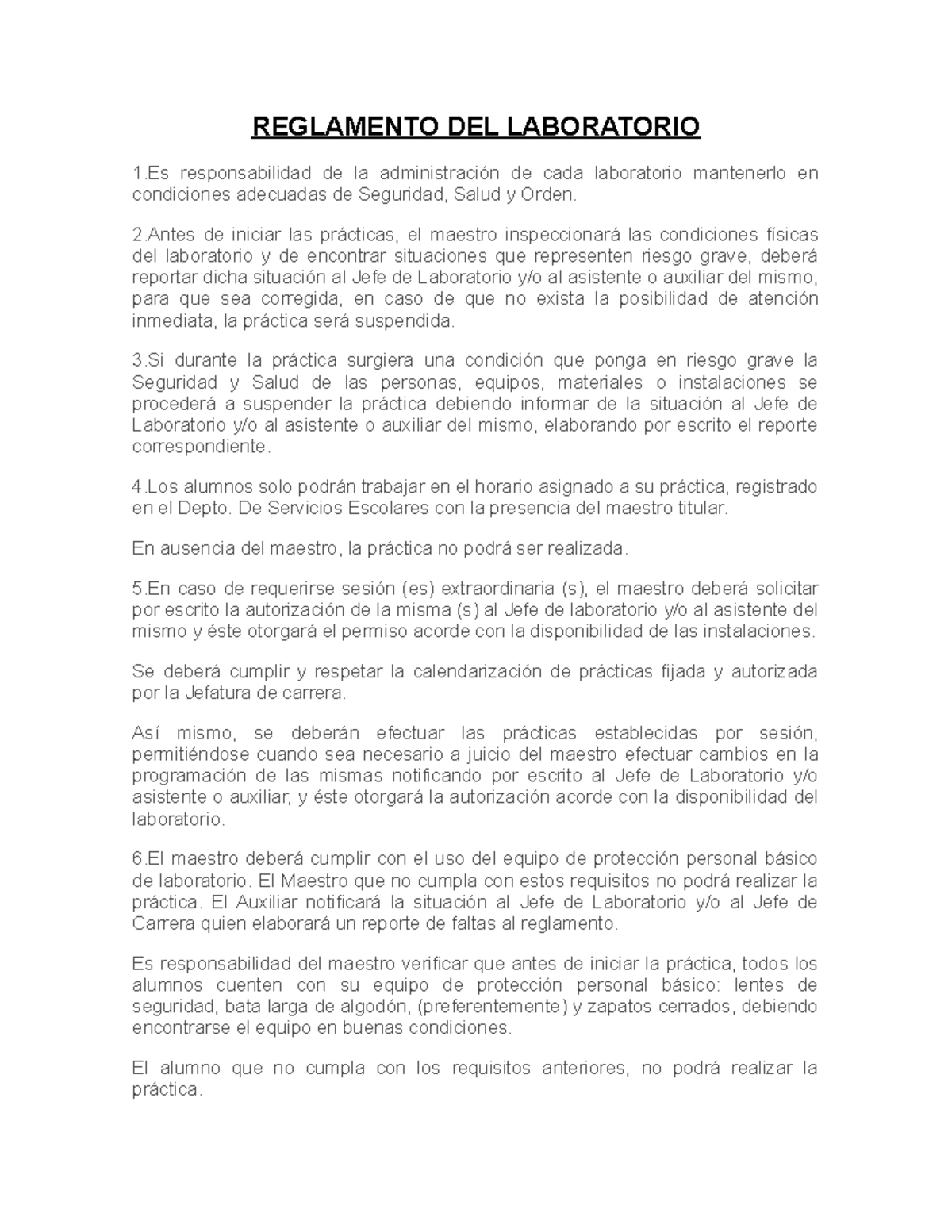 Documento - Reglamento de laboratorio - REGLAMENTO DEL LABORATORIO 1 responsabilidad de la - Studocu