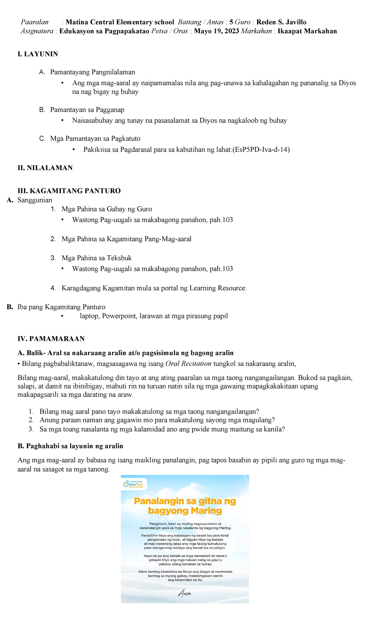 Demo teaching for ESP 5 - Lesson Plan - Paaralan : Matina Central ...