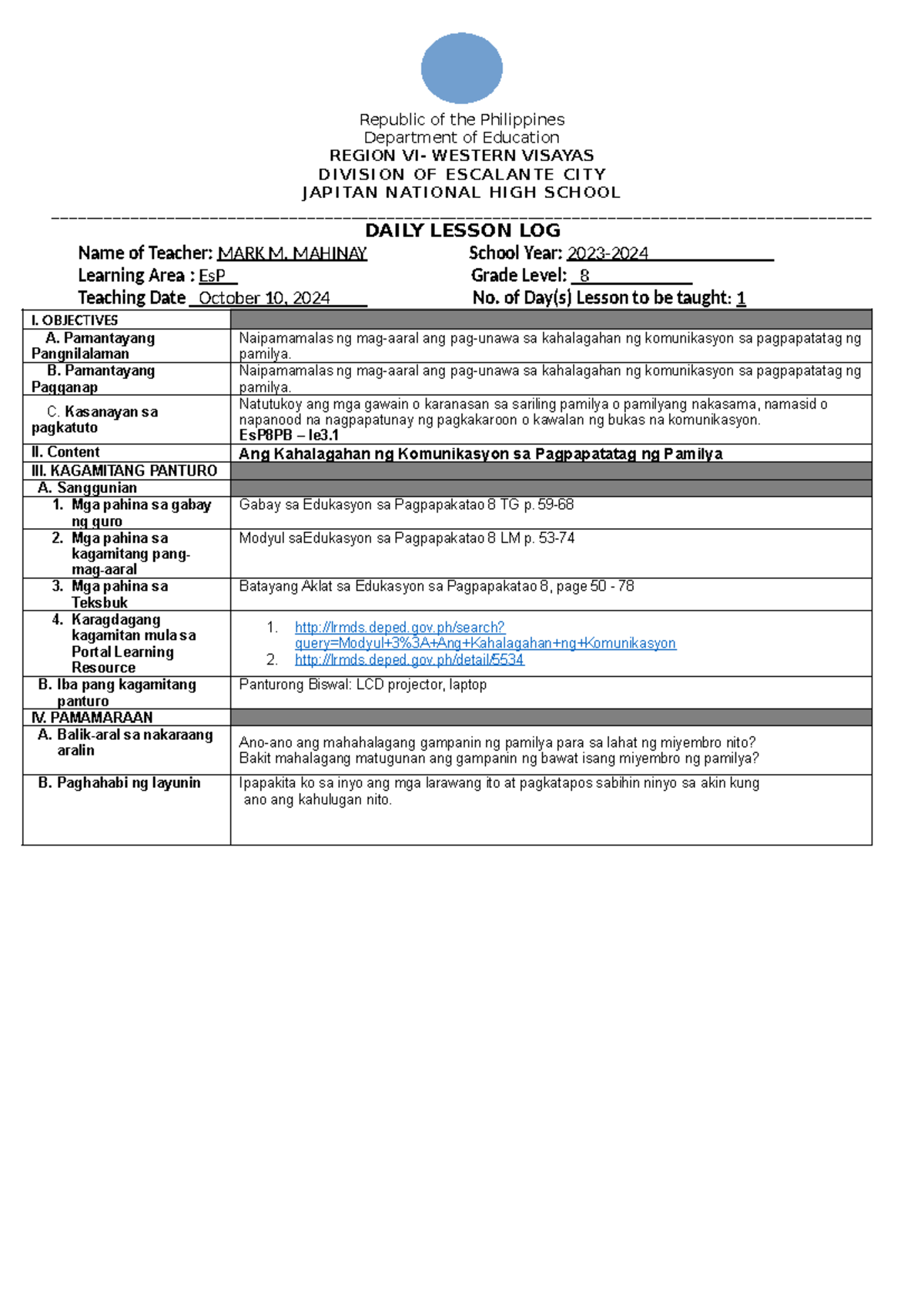 CO1-ESP-8 - goods - Republic of the Philippines Department of Education REGION VI- WESTERN ...