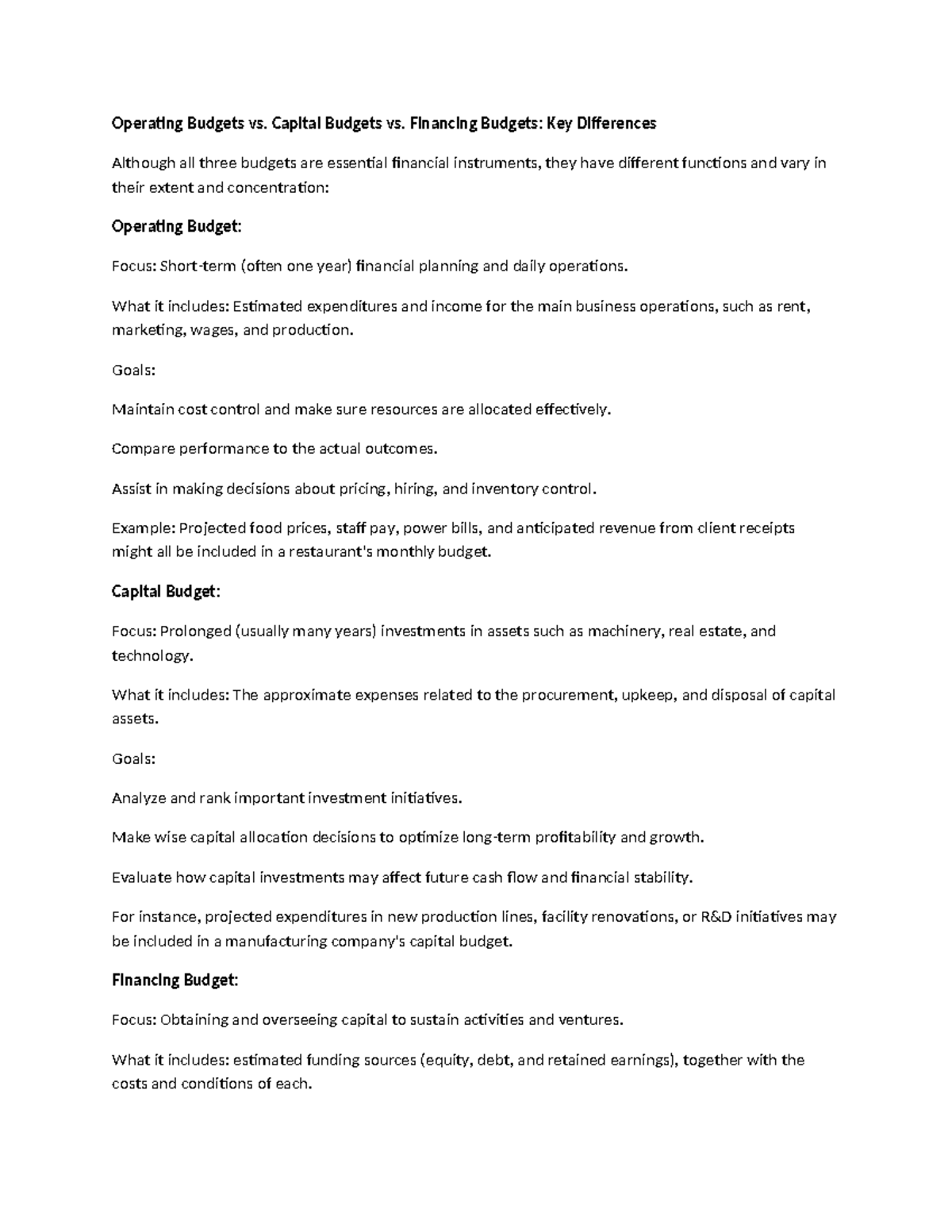 Operating Budgets vs - Capital Budgets vs. Financing Budgets: Key ...