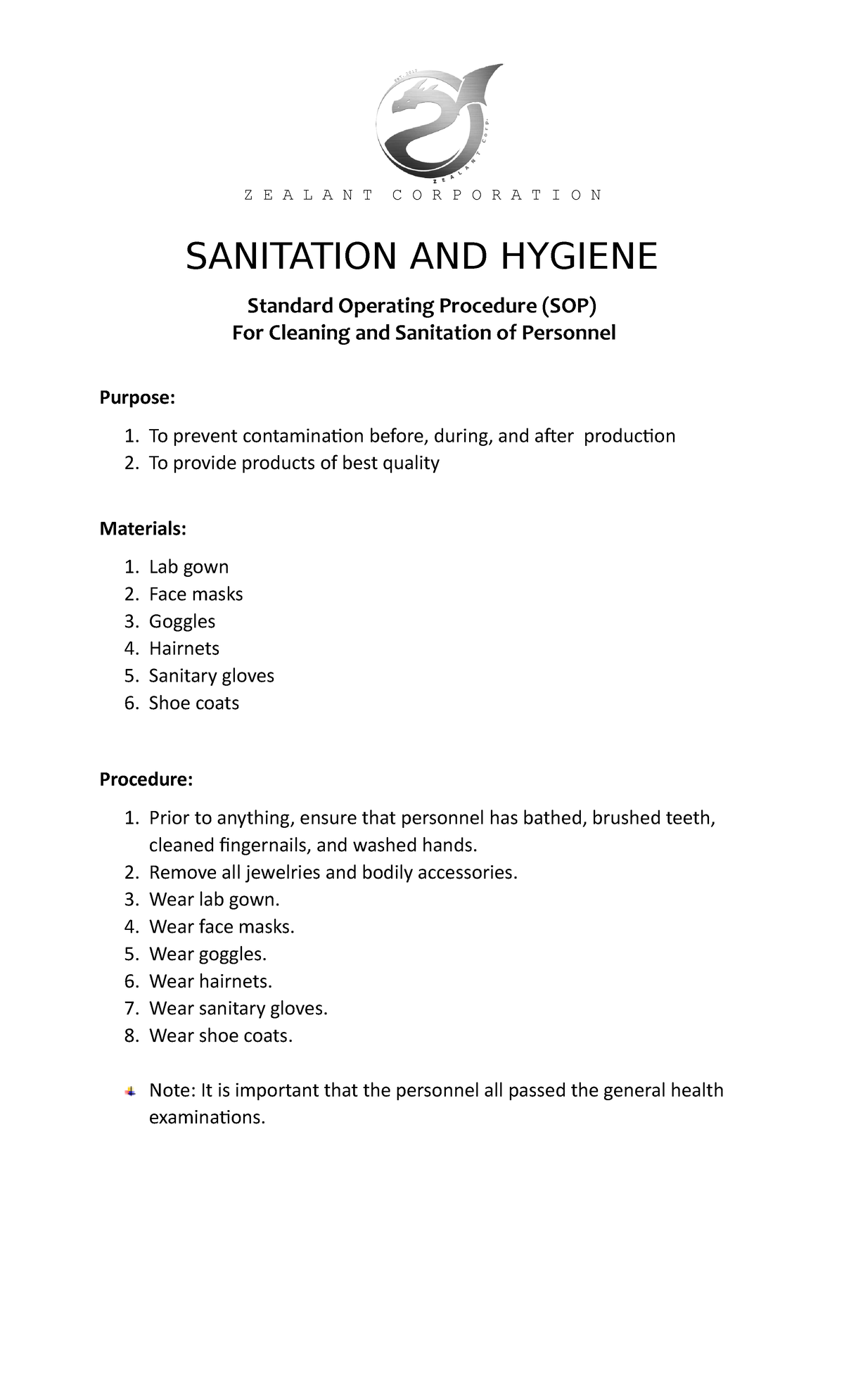 Manufacturing Sample 1 - (Sanitation and Hygiene) - Manufacturing ...