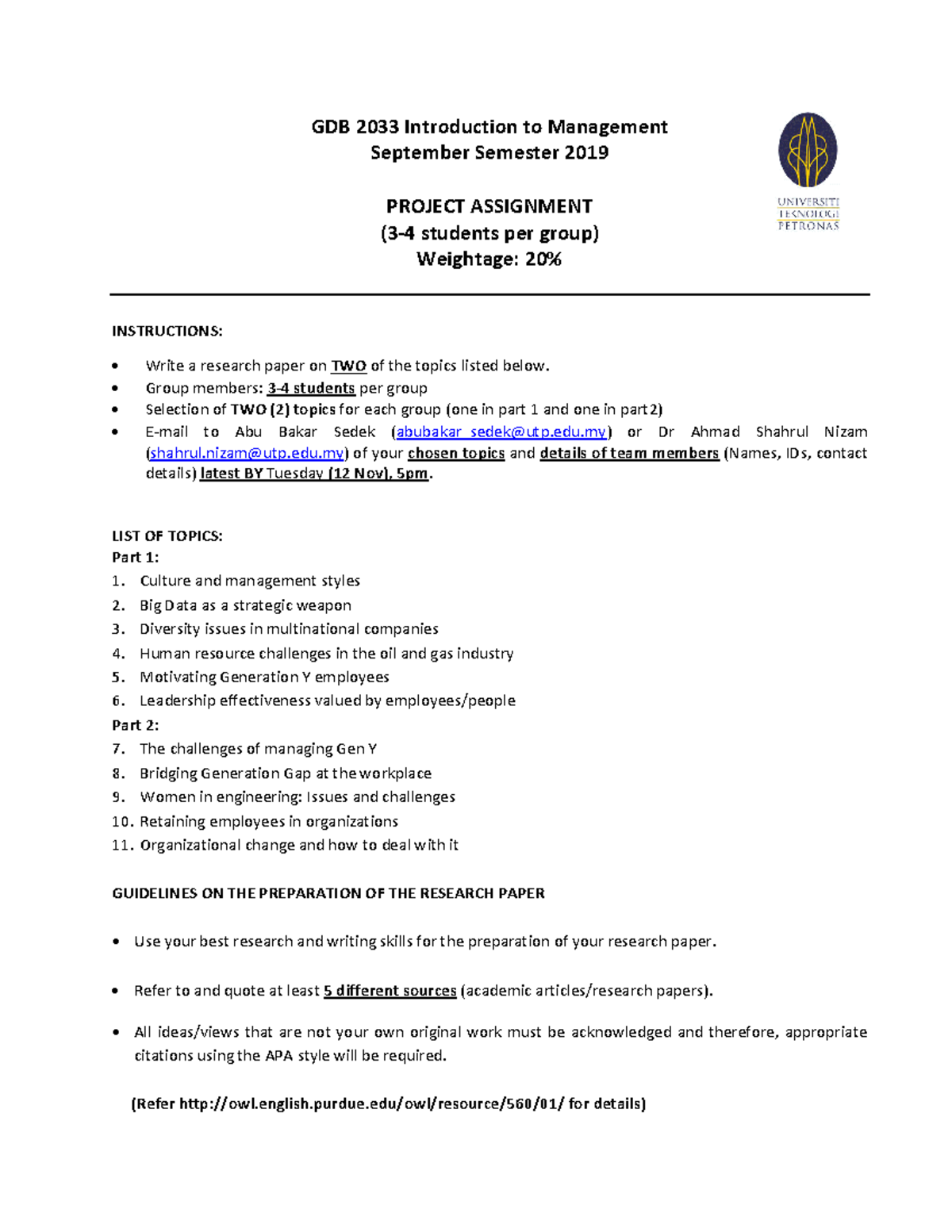 ITM Assignment 2 20% - GDB 2033 Introduction to M anagement September ...