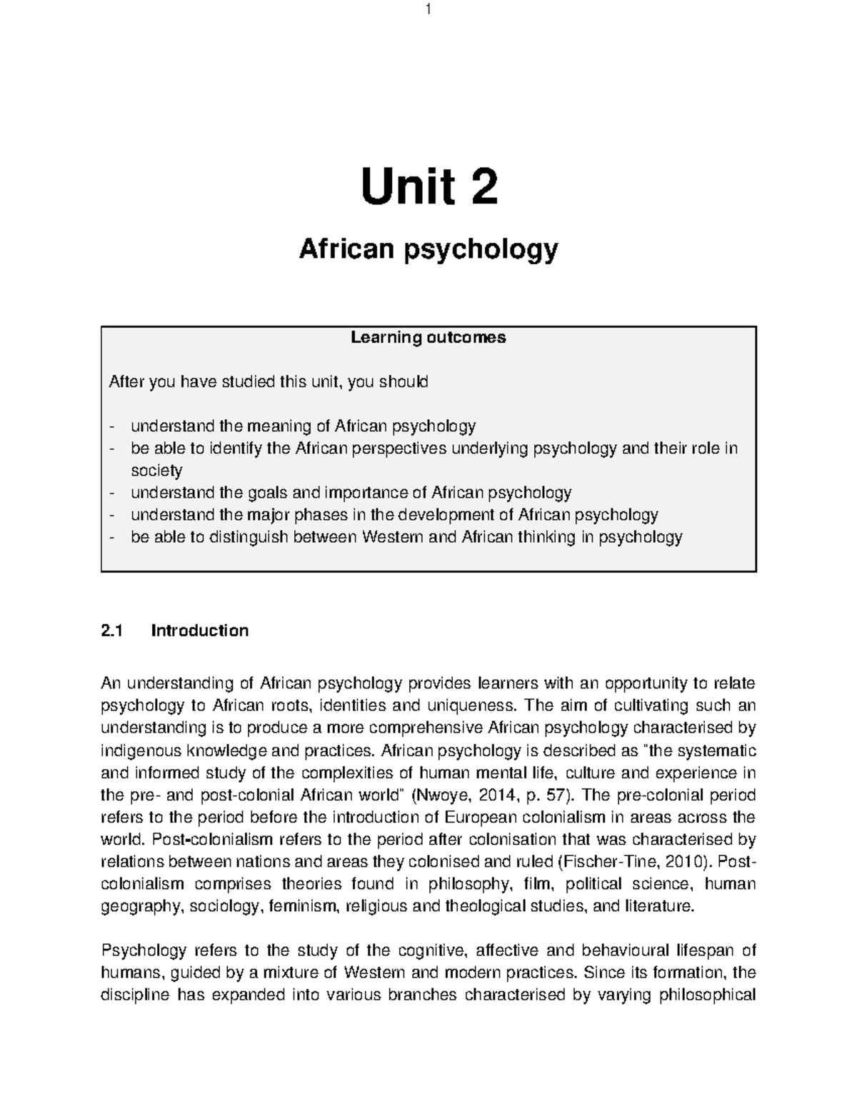 PYC1511 Unit 2 - Unit 2 African psychology Learning outcomes After you ...