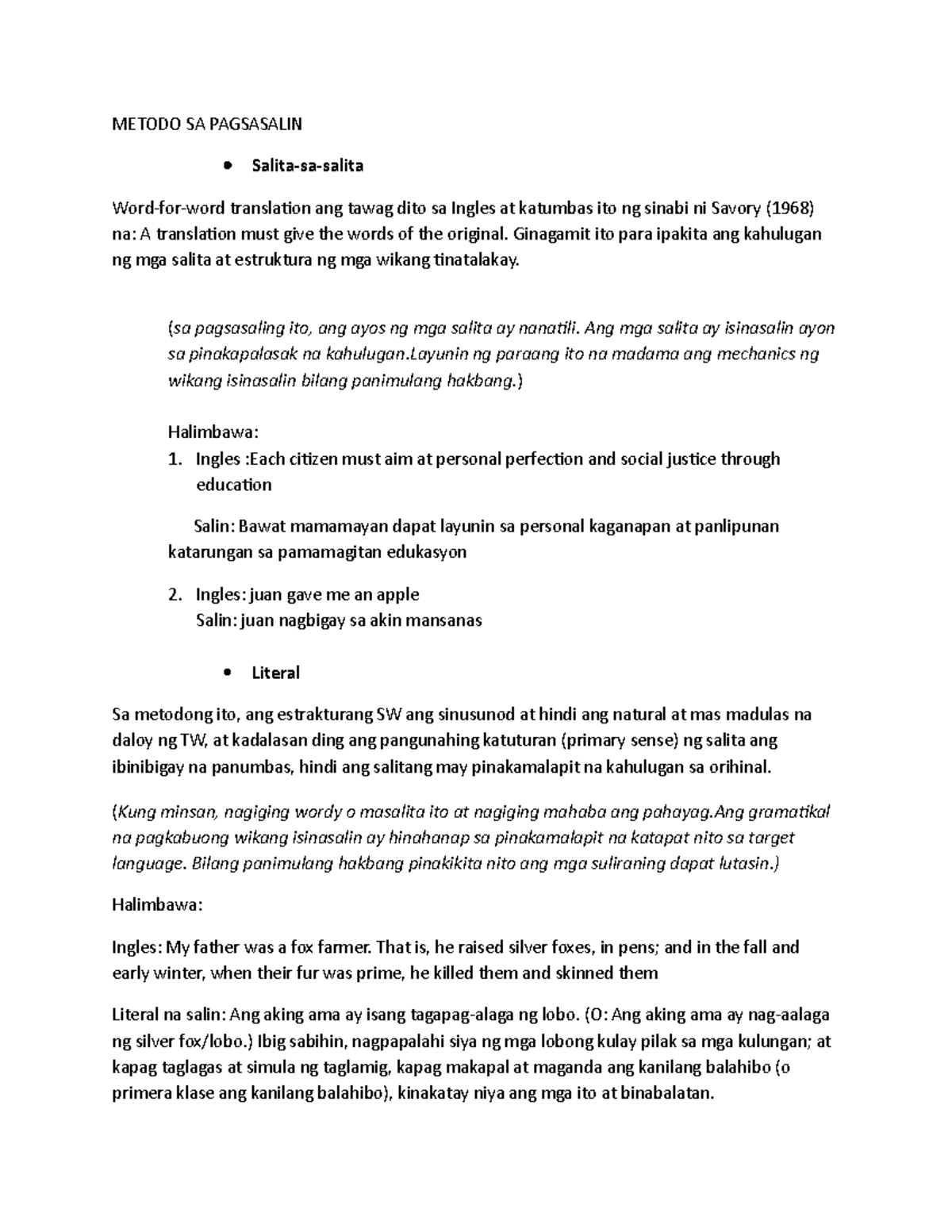 Metodo SA Pagsasalin Report - METODO SA PAGSASALIN Salita-sa-salita ...