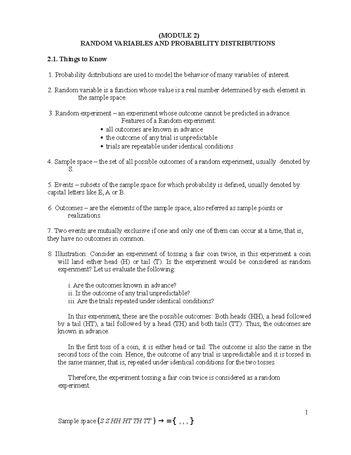 Module 2 Random Variables and Probability Distributions - (MODULE 2 ...