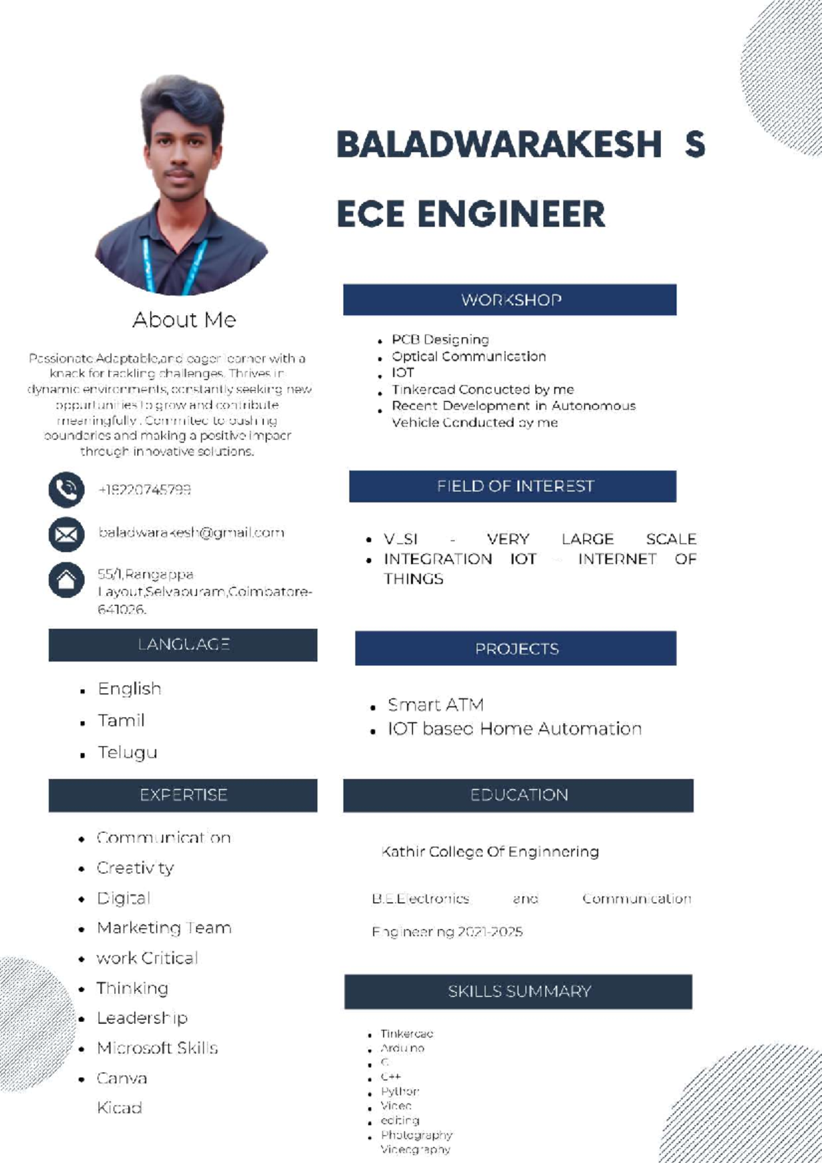 Baladwarakesh resume - BALADWARAKESH S ECE ENGINEER WORKSHOP About Me ...