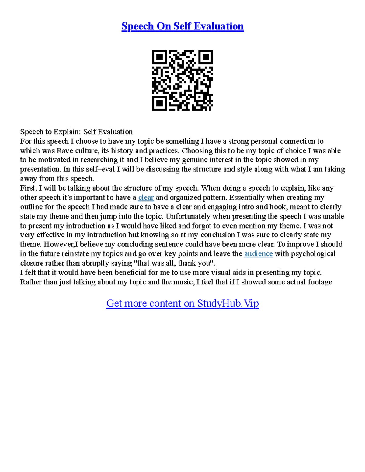 Speech Essay Examples - Speech On Self Evaluation Speech to Explain ...