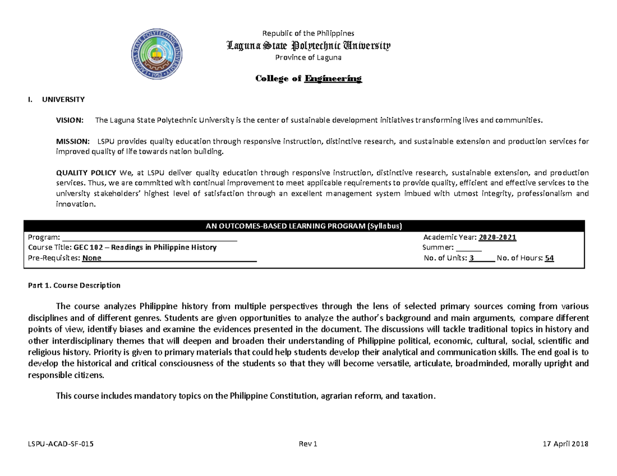 Syllabus in GEC 102 2020-2021 COE - Republic of the Philippines Laguna ...