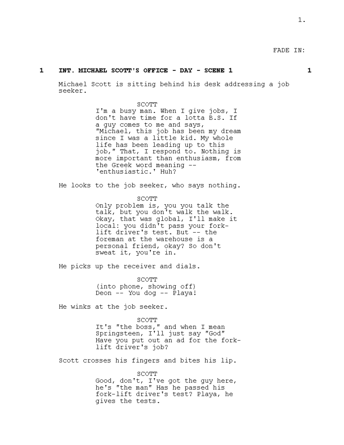 The Office US Pilot - FADE IN: 1 INT. MICHAEL SCOTT'S OFFICE - DAY ...