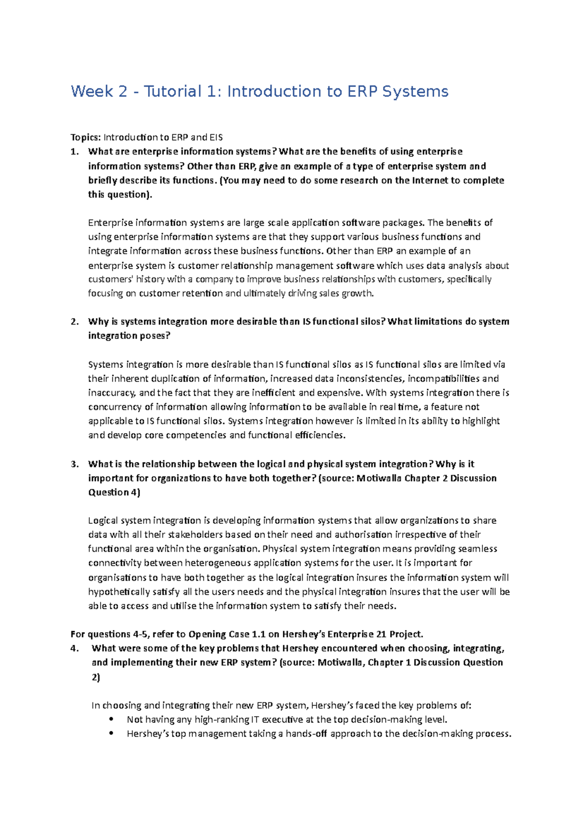 Tutorial 1 - Week 2 - Tutorial 1: Introduction to ERP Systems Topics ...