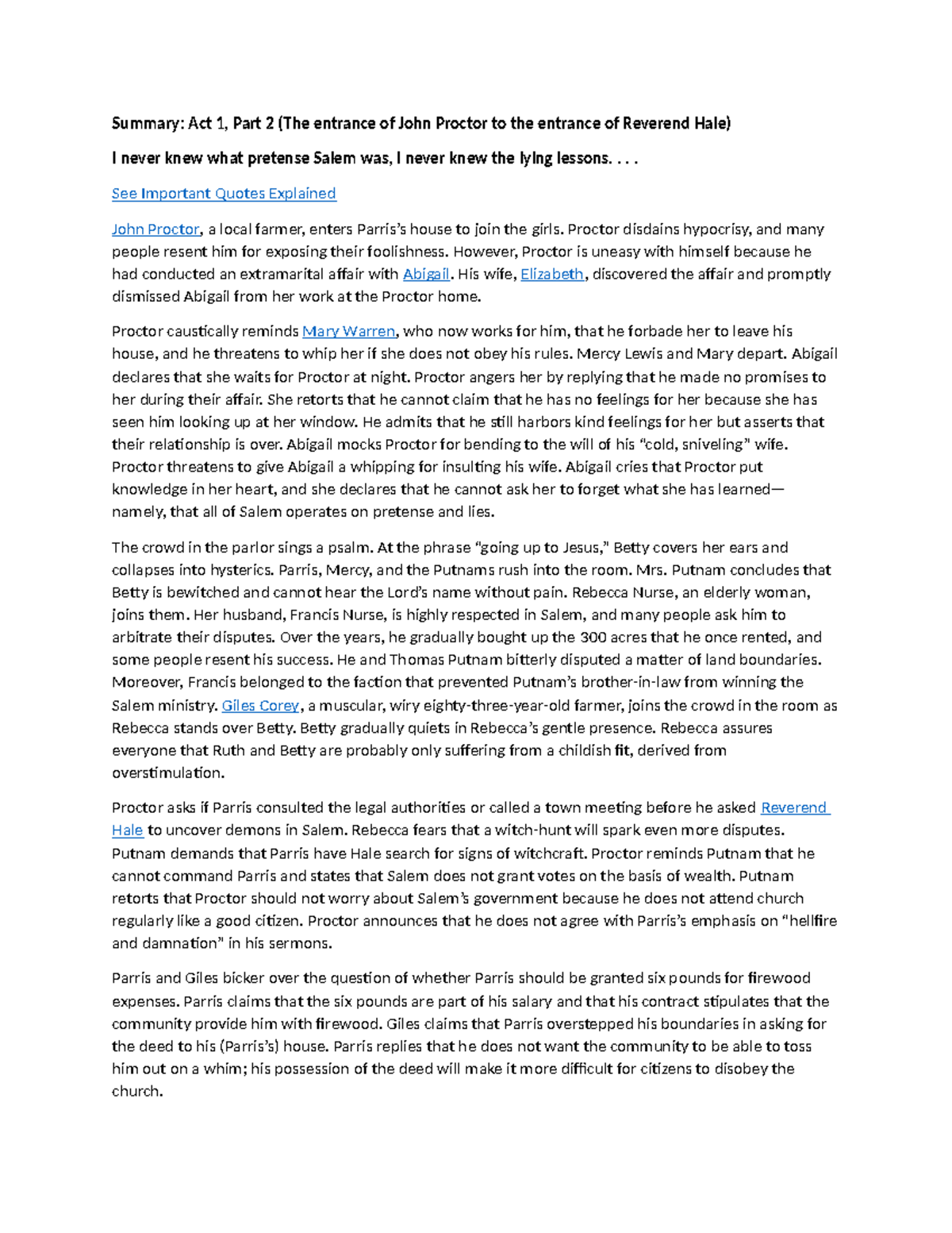 The crucible part 1&2 - spark notes - Summary: Act 1, Part 2 (The ...