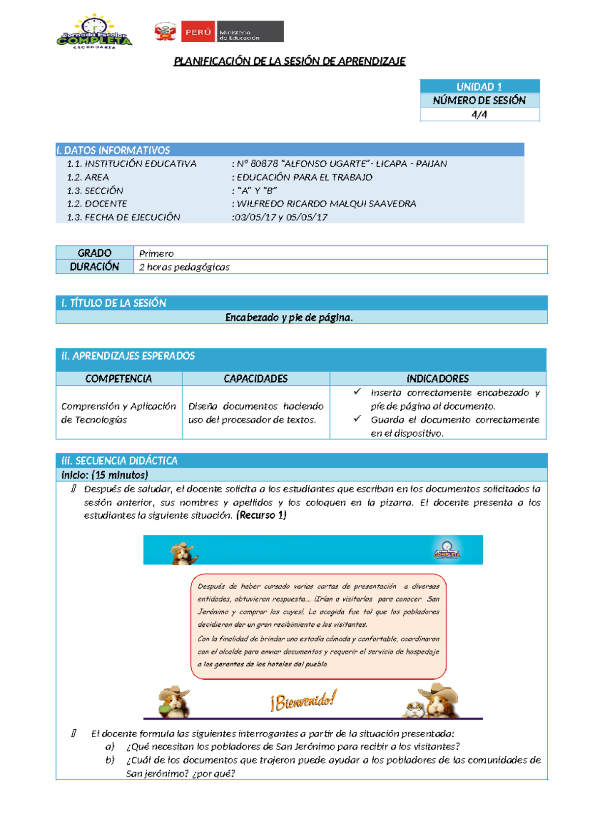 EPT1-U1-S2 - PLANIFICACIÓN DE LA SESIÓN DE APRENDIZAJE I. DATOS INFORMATIVOS 1. INSTITUCIÓN ...