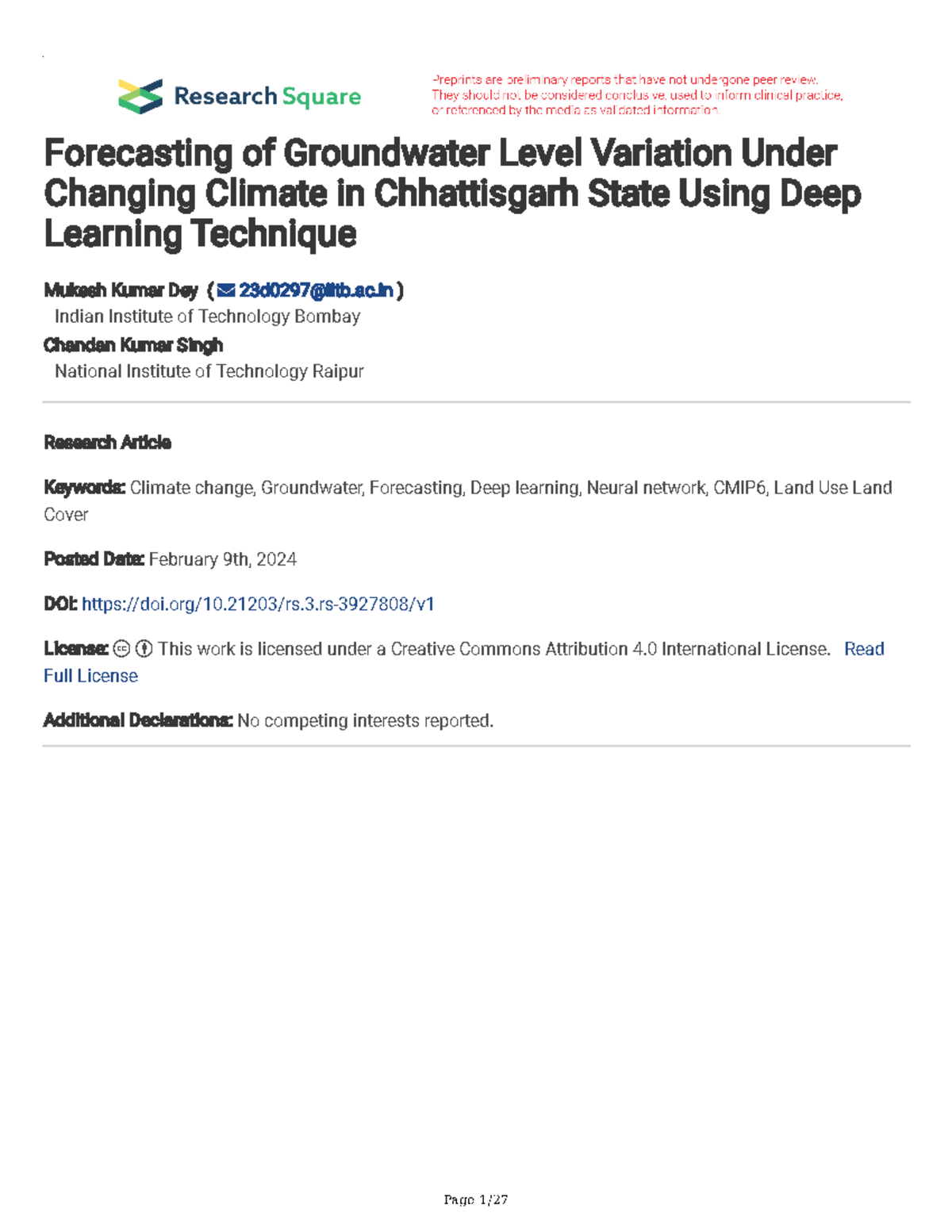 Forecasting Of Groundwater Level Variation Under C Forecasting Of
