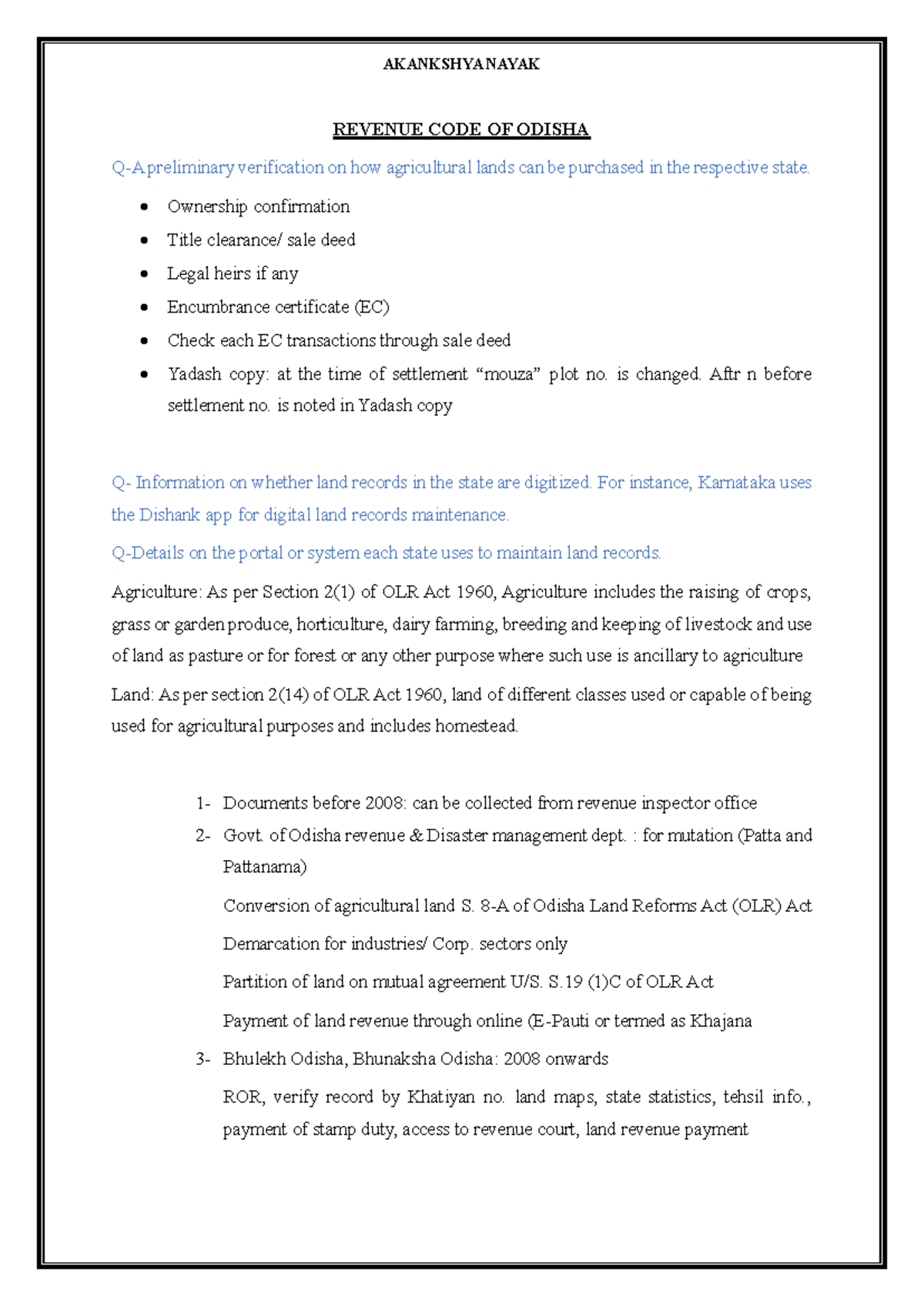 Revenue code of Odisha - REVENUE CODE OF ODISHA Q-A preliminary ...