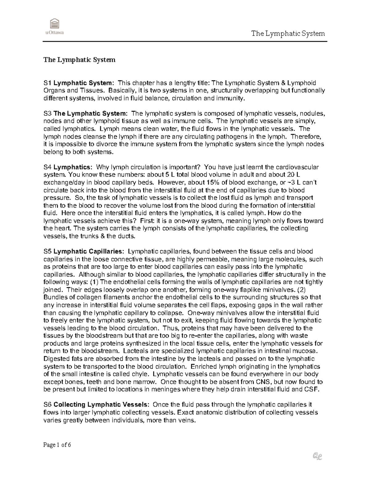 Notes T5 Lymphatic System - The Lymphatic System S 1 Lymphatic System ...