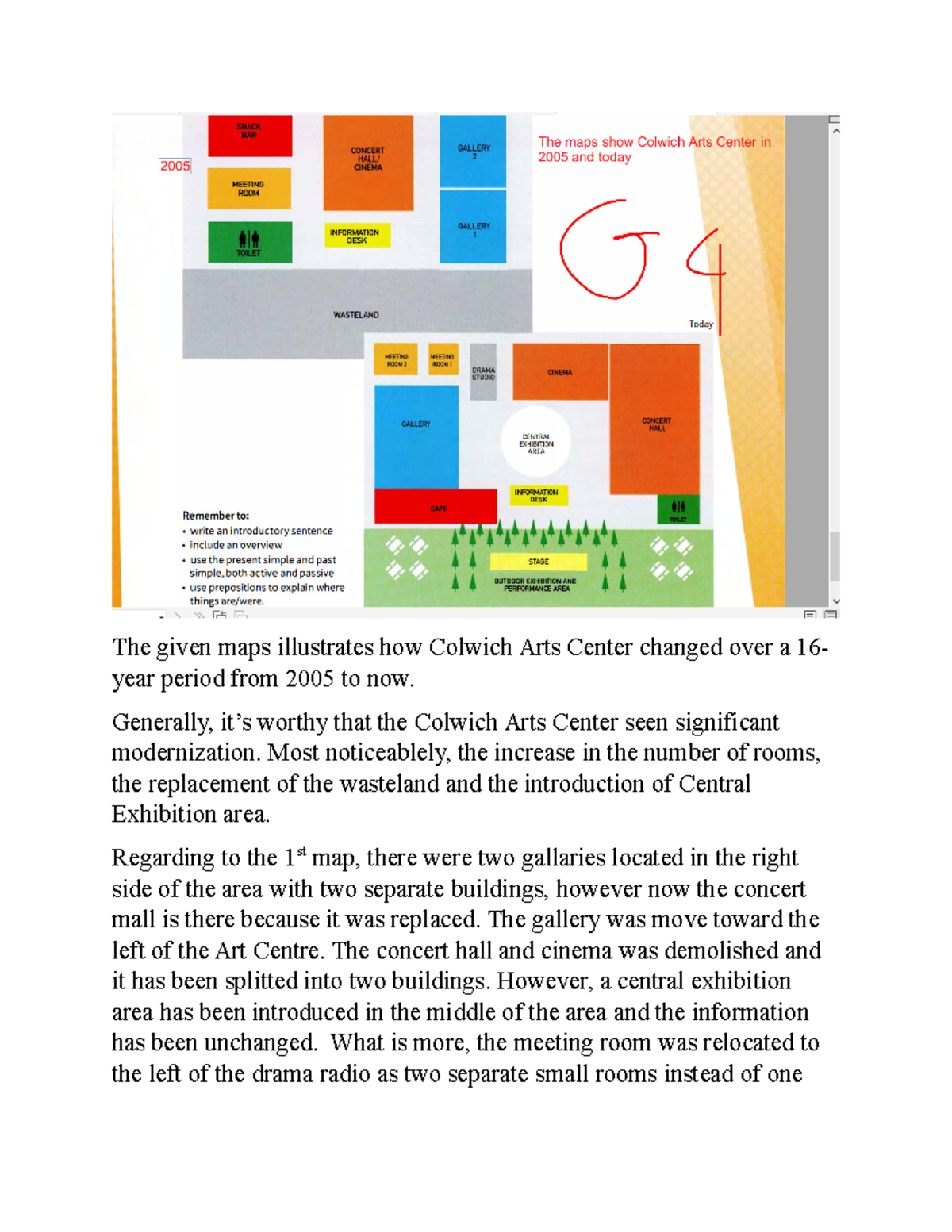 The given maps illustrates how Colwich Arts Center changed over a 16 ...