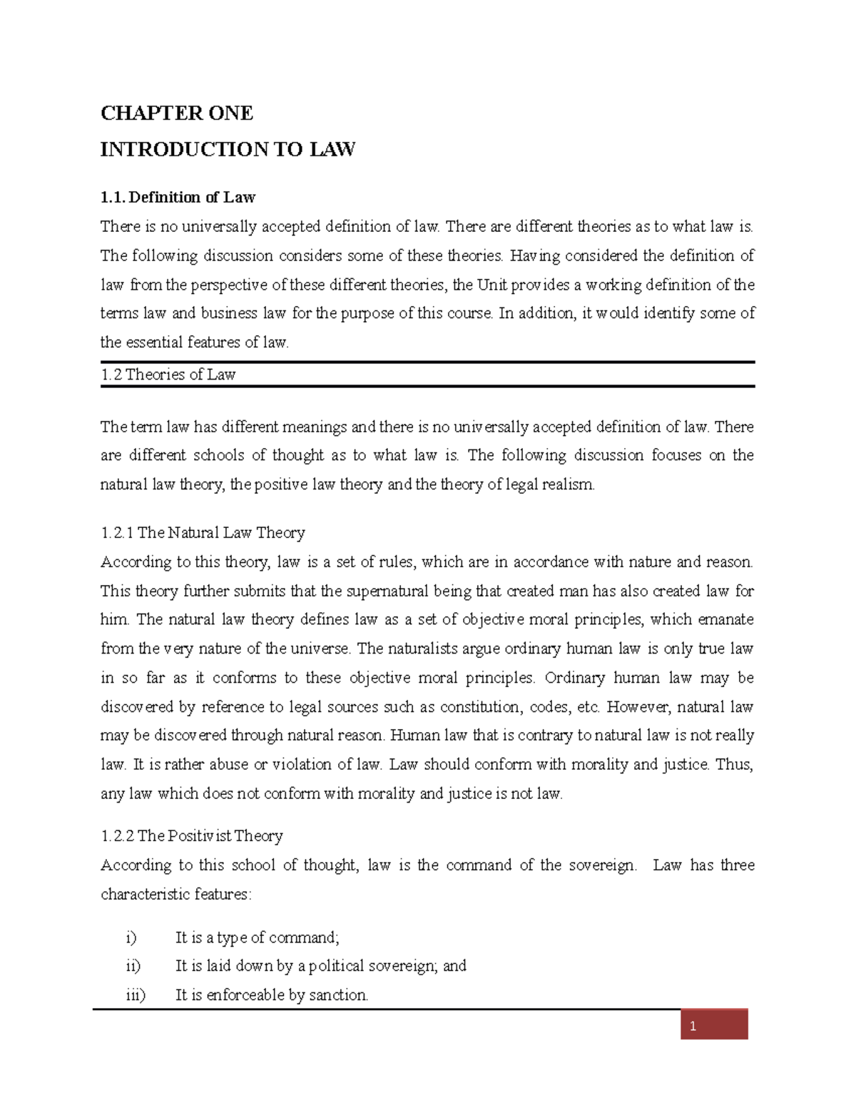 Introduction To Law Lecture Notes 1 CHAPTER ONE INTRODUCTION TO LAW