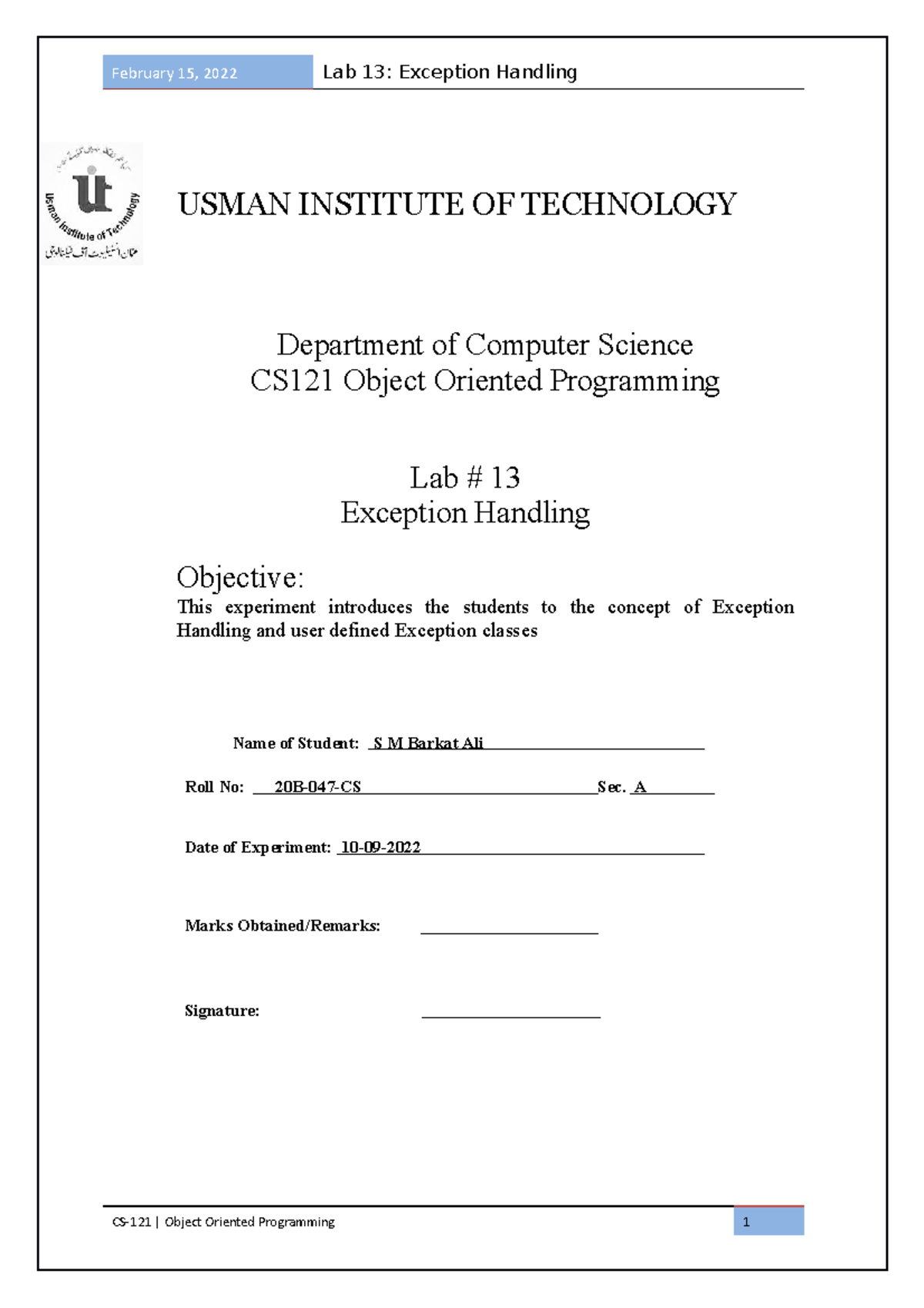 Lab-13 - OOP - USMAN INSTITUTE OF TECHNOLOGY Department of Computer Science CS121 Object ...