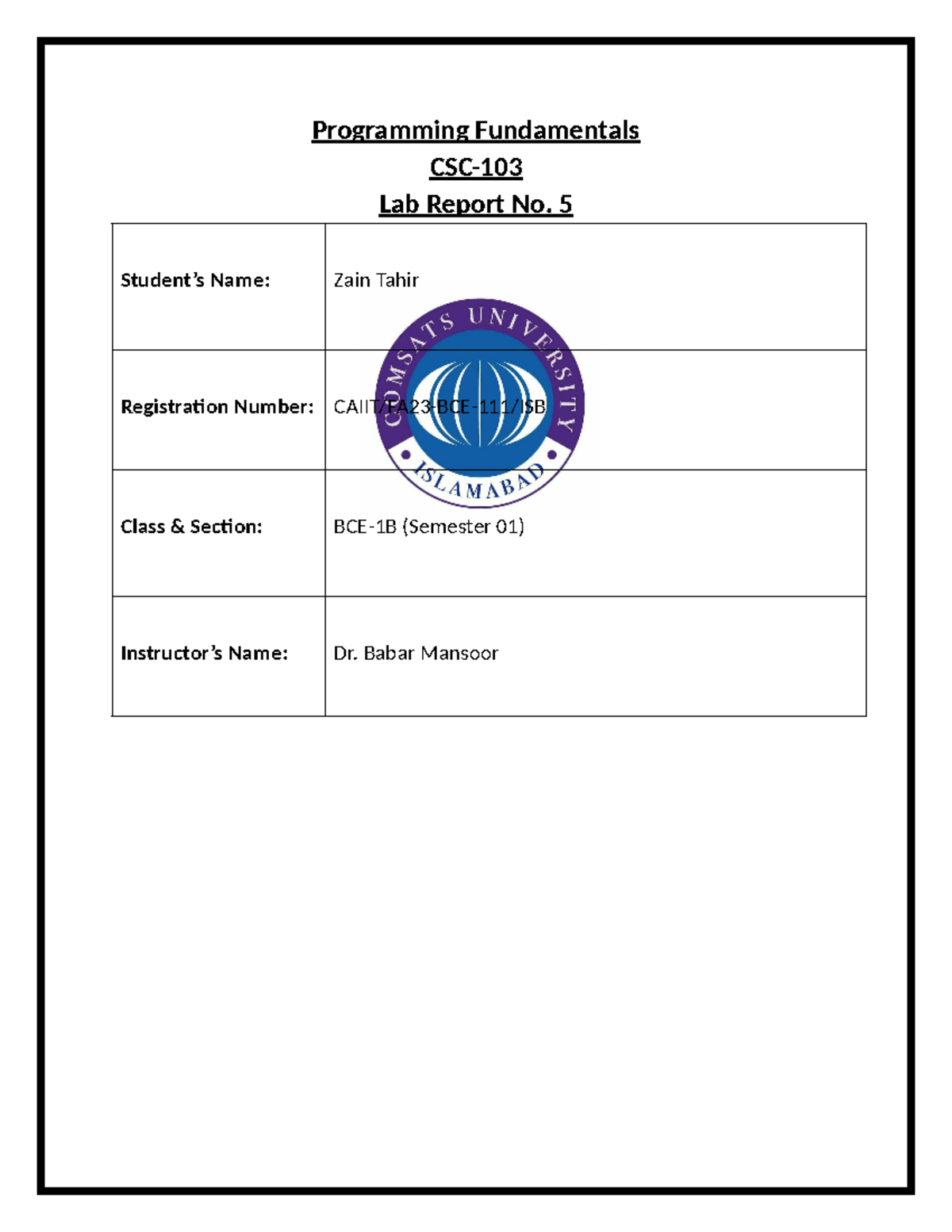 Lab Report No. 05 - Programming Fundamentals CSC- Lab Report No. 5 ...