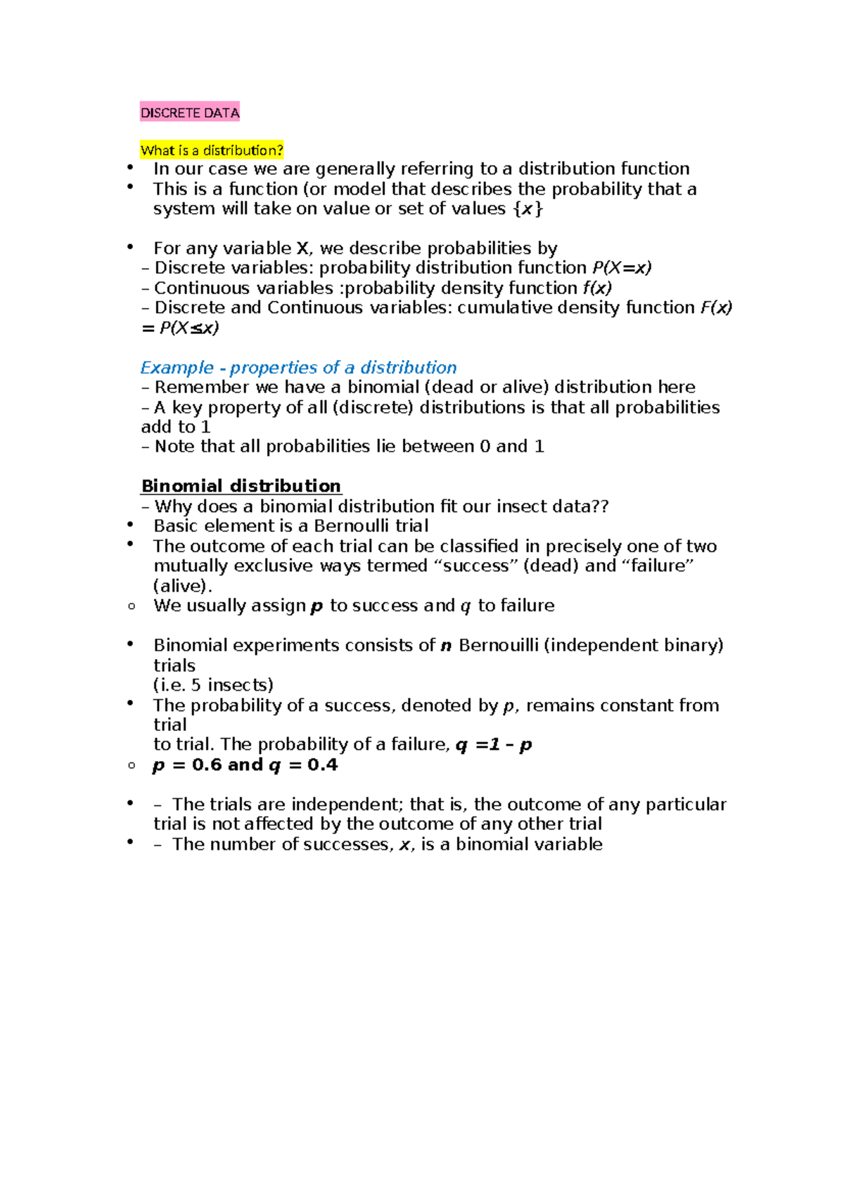 WK3 - Probability distributions - DISCRETE DATA What is a distribution ...