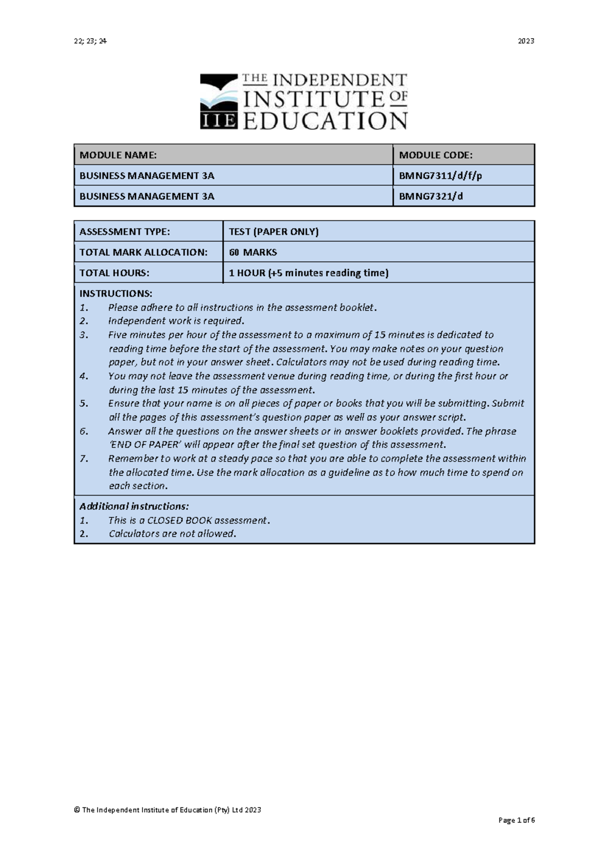 BMNG7311Ta - Practical study material - © The Independent Institute of ...