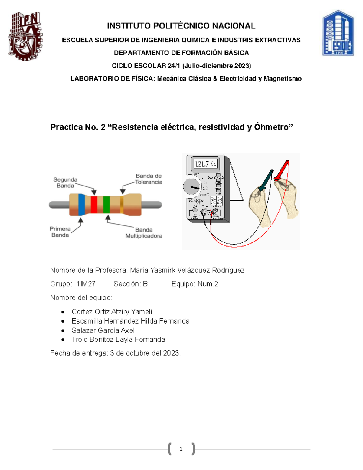 Reporte P2-E2-1IM27-4-DIC-23 - ESCUELA SUPERIOR DE INGENIERIA QUIMICA E INDUSTRIS EXTRACTIVAS ...